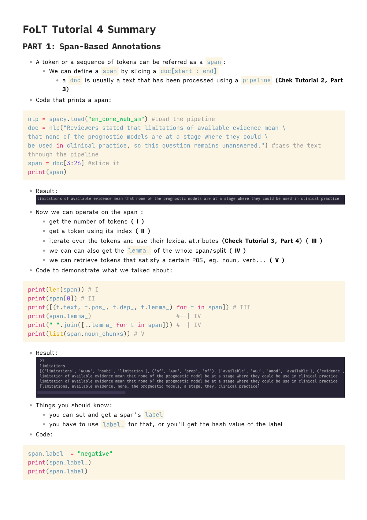 Fo LT Tutorial 4 Summary - FoLT Tutorial 4 Summary PART 1: Span-Based Annotations A token or a ...