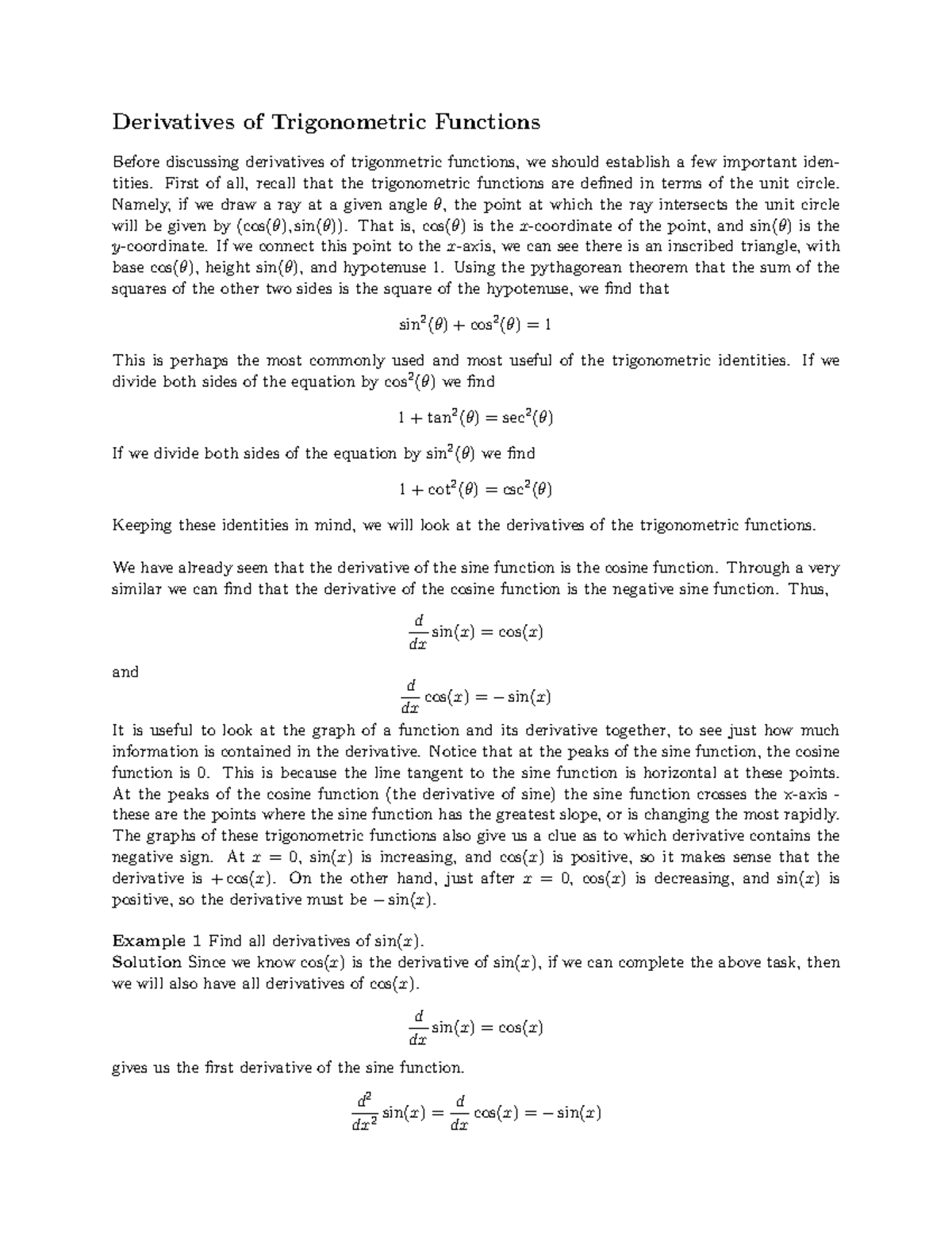 Derivatives trigonometric - Derivatives of Trigonometric Functions ...