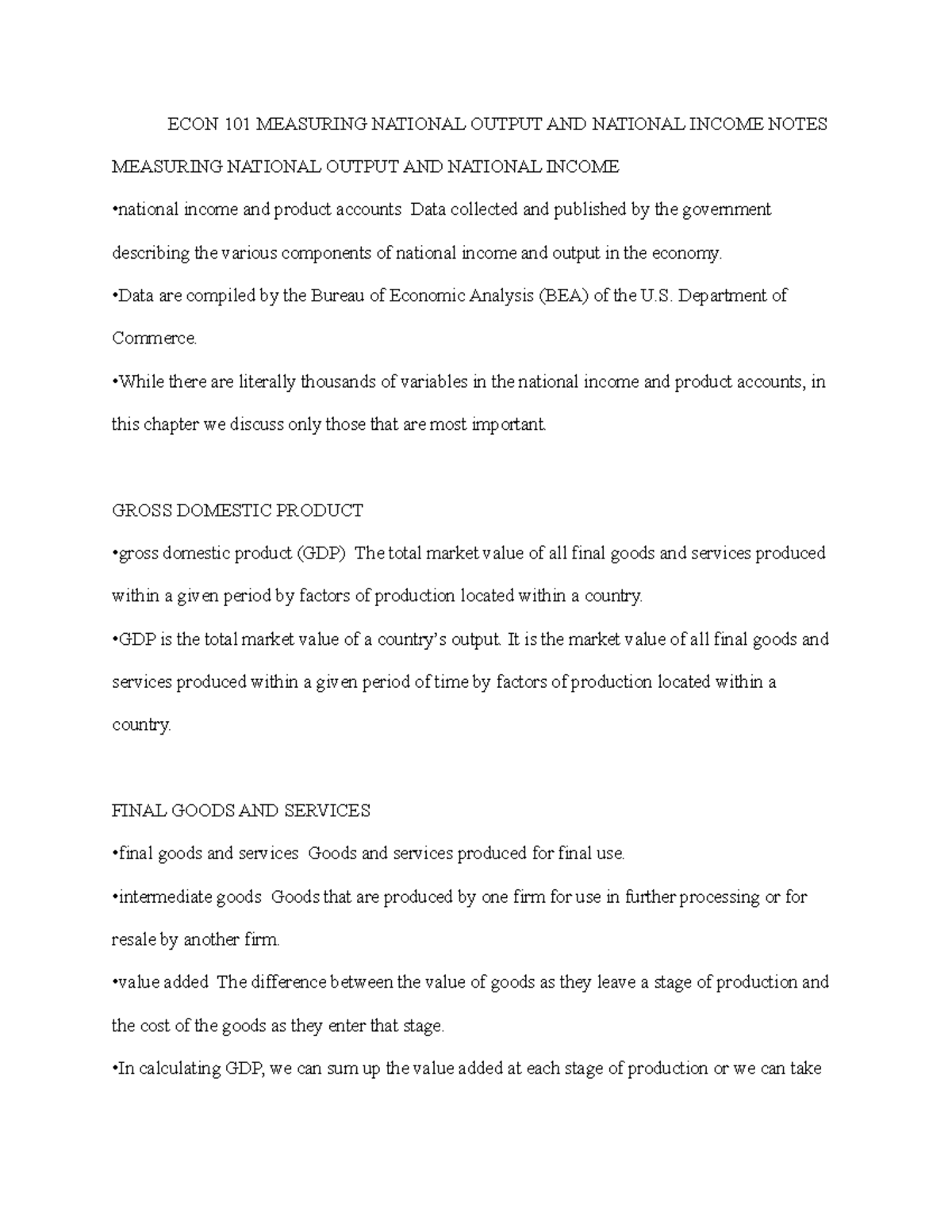 ECON 101 Measuring National Output AND National Income Notes - ECON 101 ...