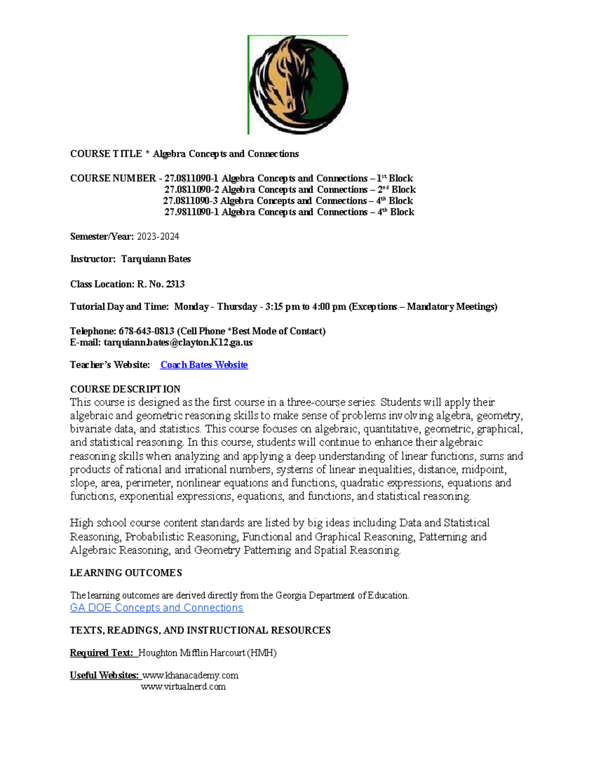 Algebra concepts and connections syllabus - COURSE TITLE * Algebra ...