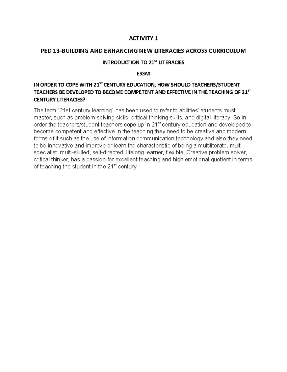 Unit 1,2,3,4 activity answers - PED 13-BUILDING AND ENHANCING NEW ...