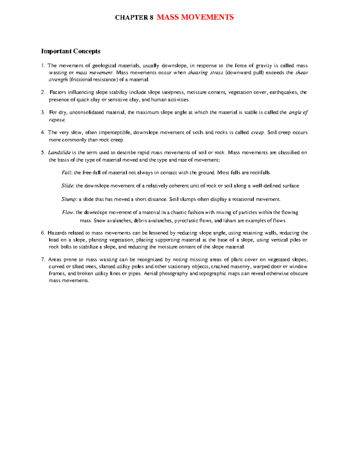 Ch08 Mass Movements - Geologie - CHAPTER 8 MASS MOVEMENTS Important Concepts The movement of ...