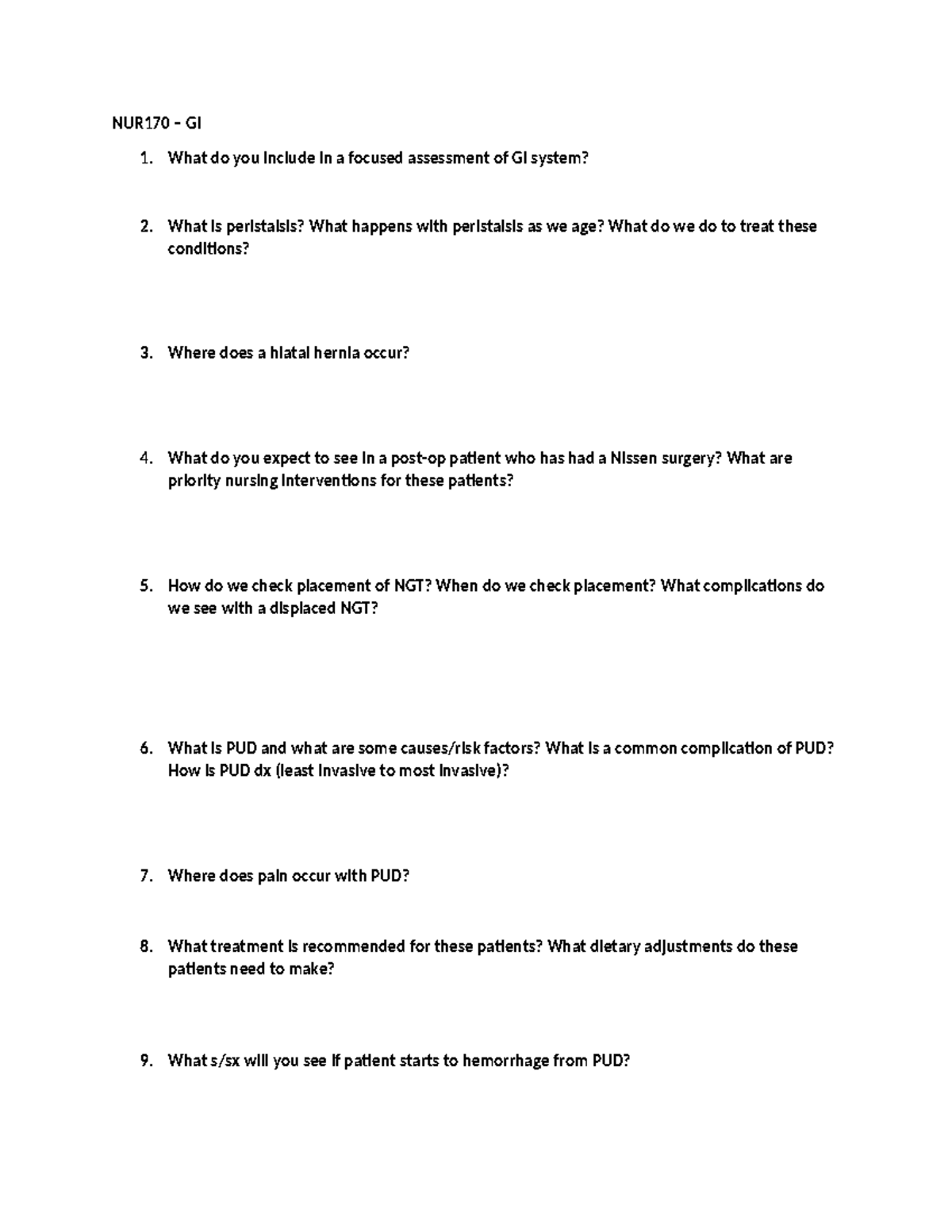 NUR170-GI Questions - NUR170 – GI What do you include in a focused ...