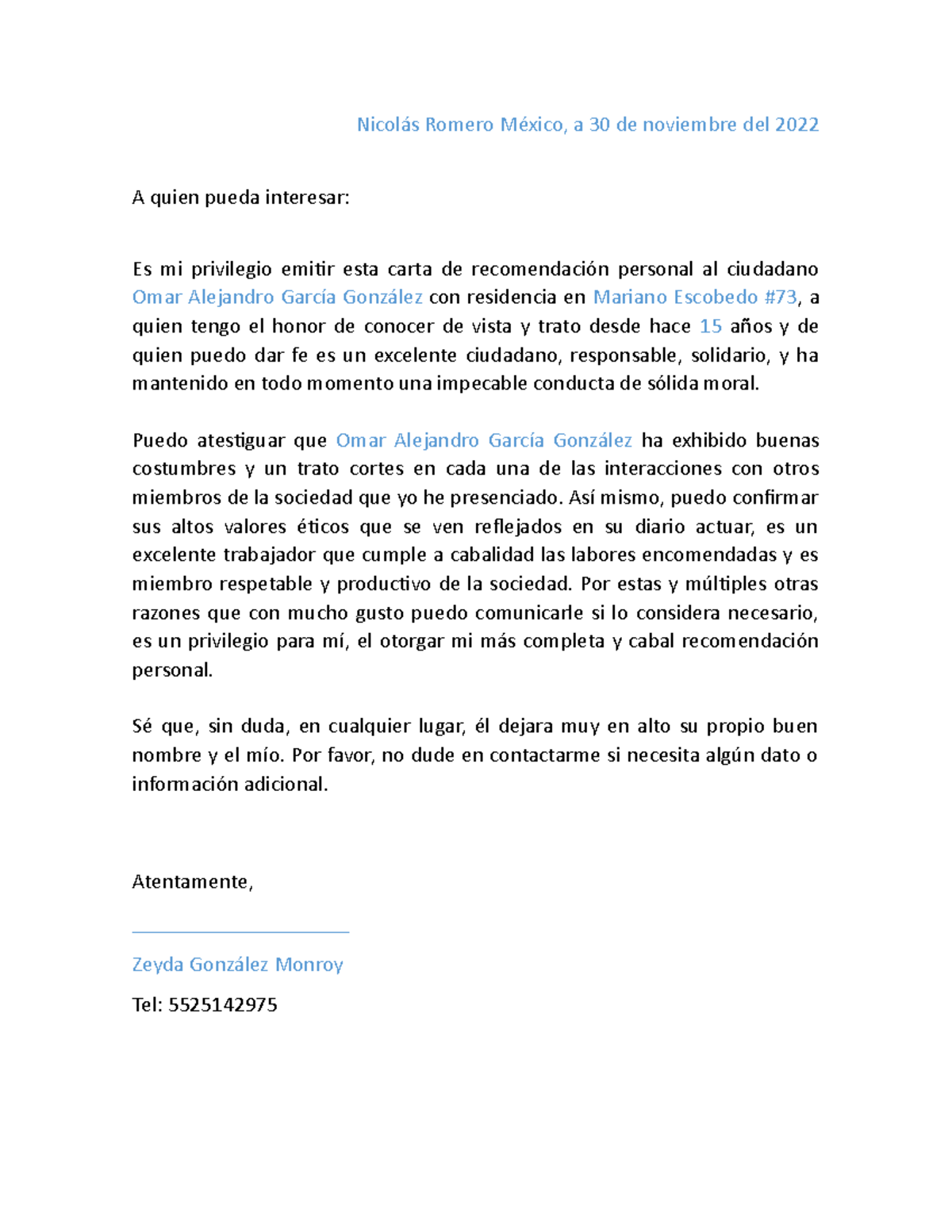 Carta 2 - Nicolás Romero México, a 30 de noviembre del 2022 A quien ...