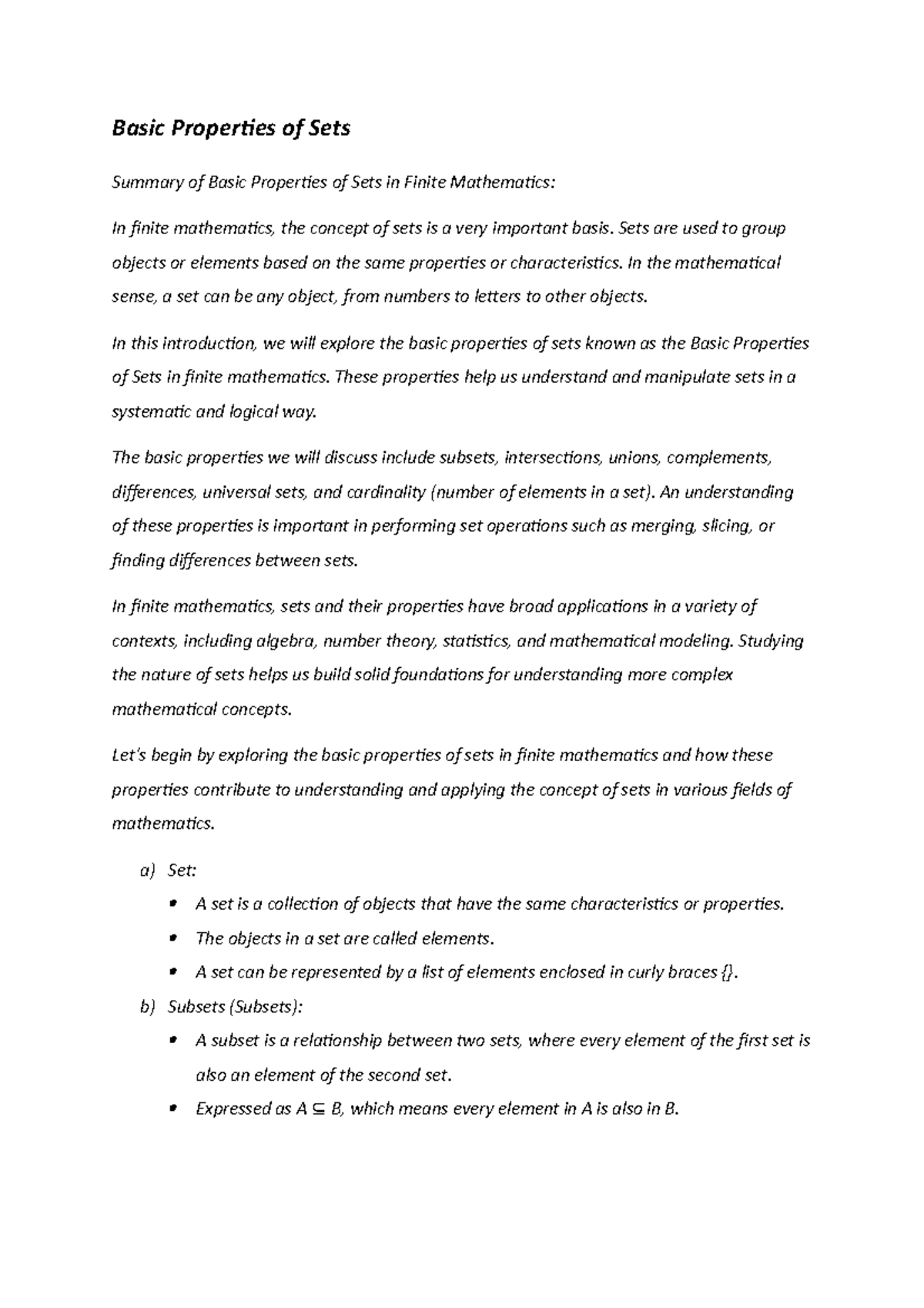 Basic Properties of Sets - Sets are used to group objects or elements based on the same ...