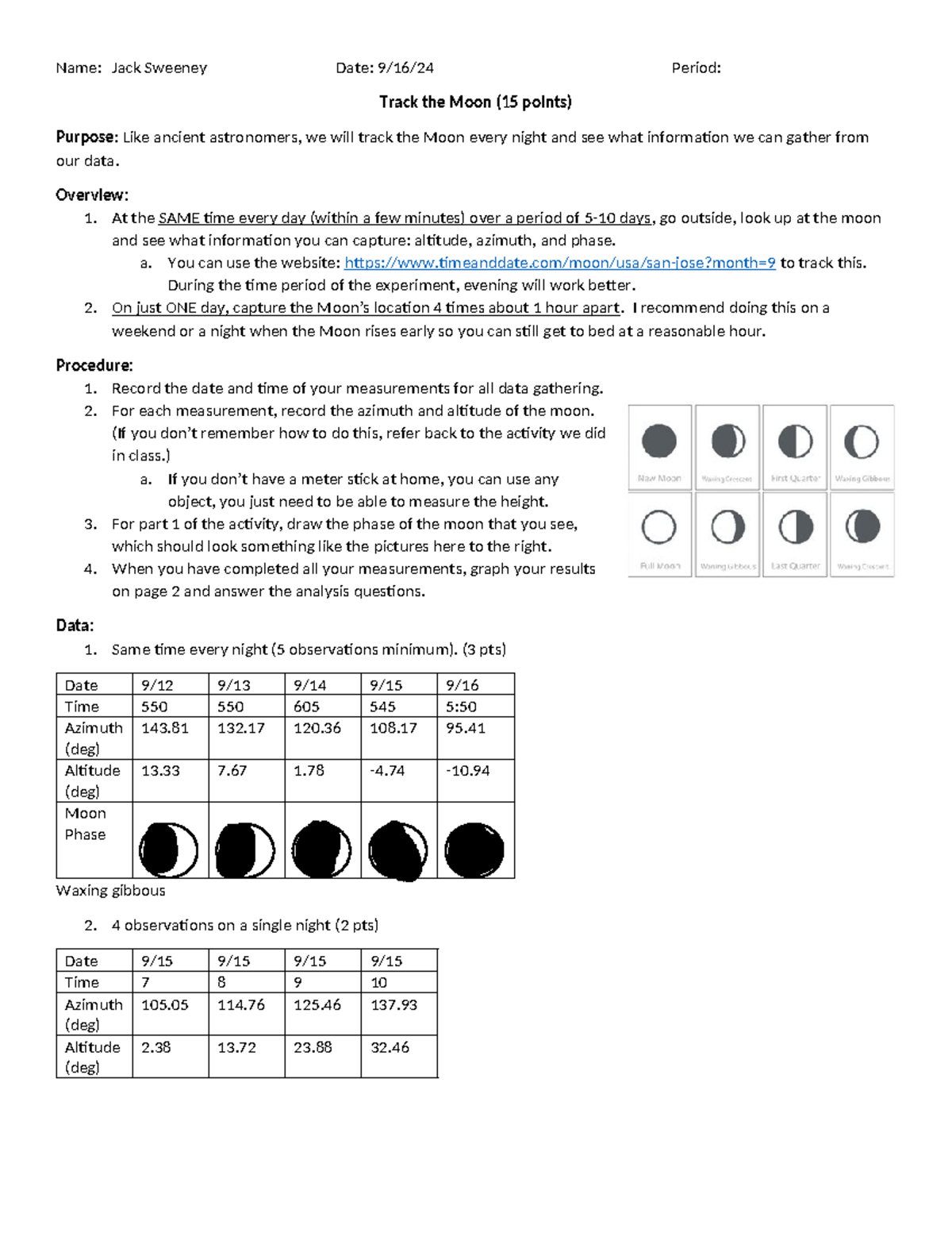 06 track the moon - Name: Jack Sweeney Date: 9/16/24 Period: Track the ...