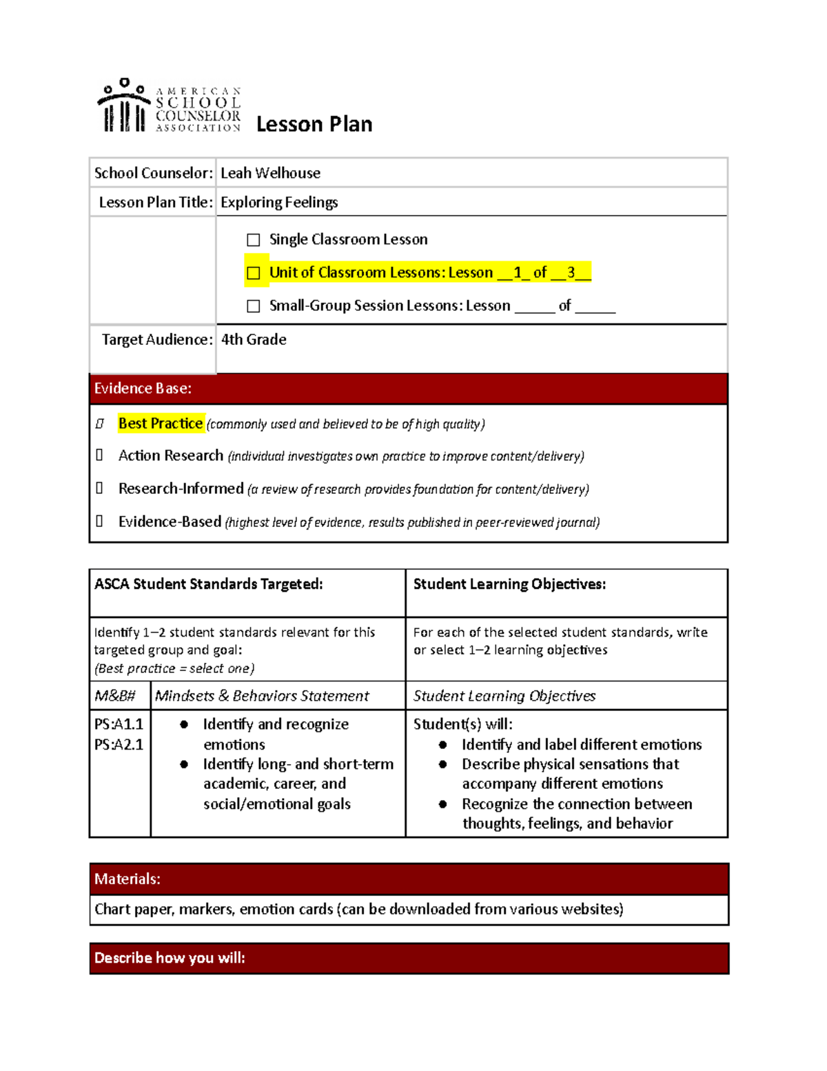 Lesson Plan 1 - Lesson Plan School Counselor: Leah Welhouse Lesson Plan ...