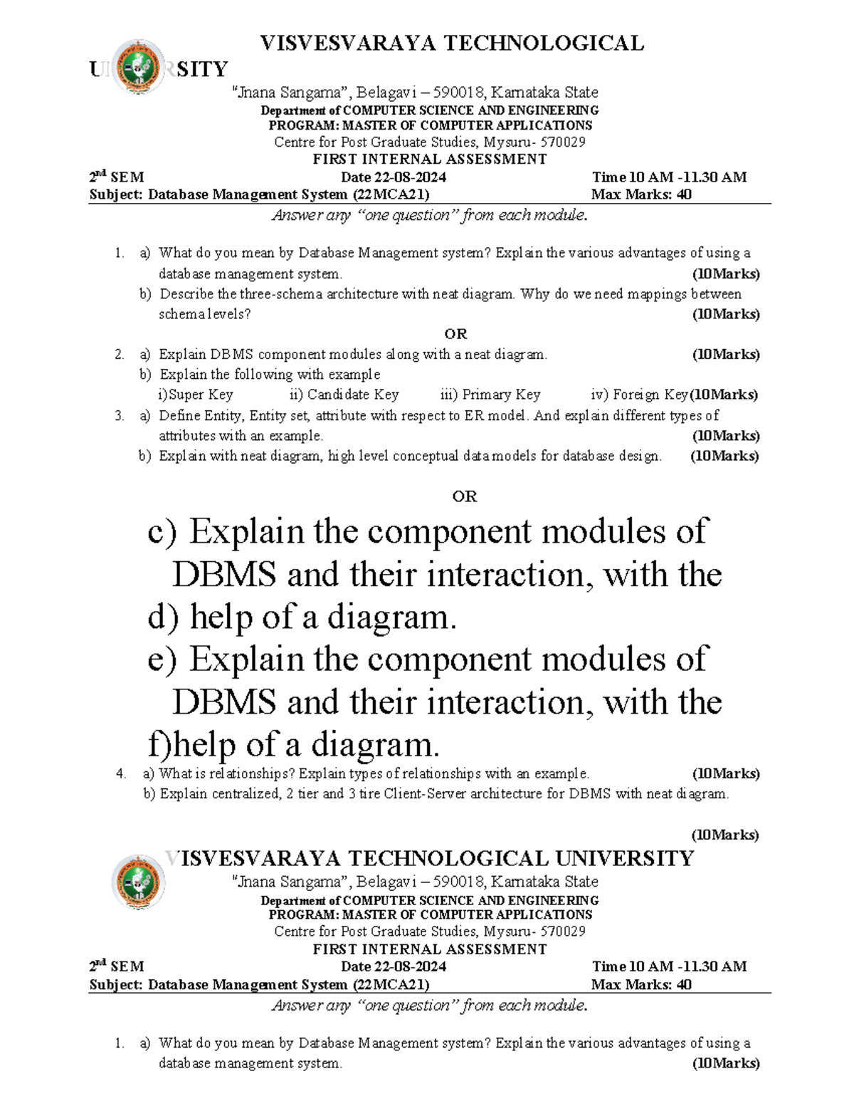 1st internals QP DBMS(20MCA21) - VISVESVARAYA TECHNOLOGICAL UNIVERSITY ...
