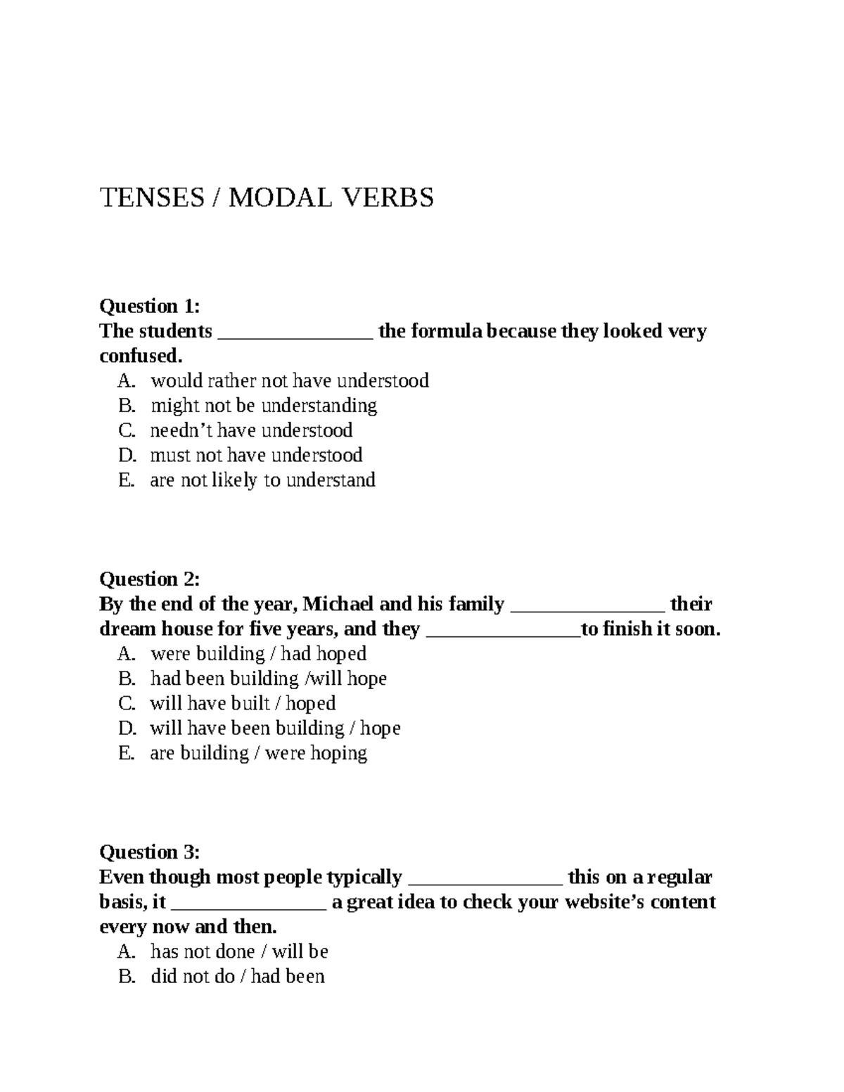 52 Grammar Questions - Chapter 2: Practice Test 1: TENSES / MODAL VERBS ...