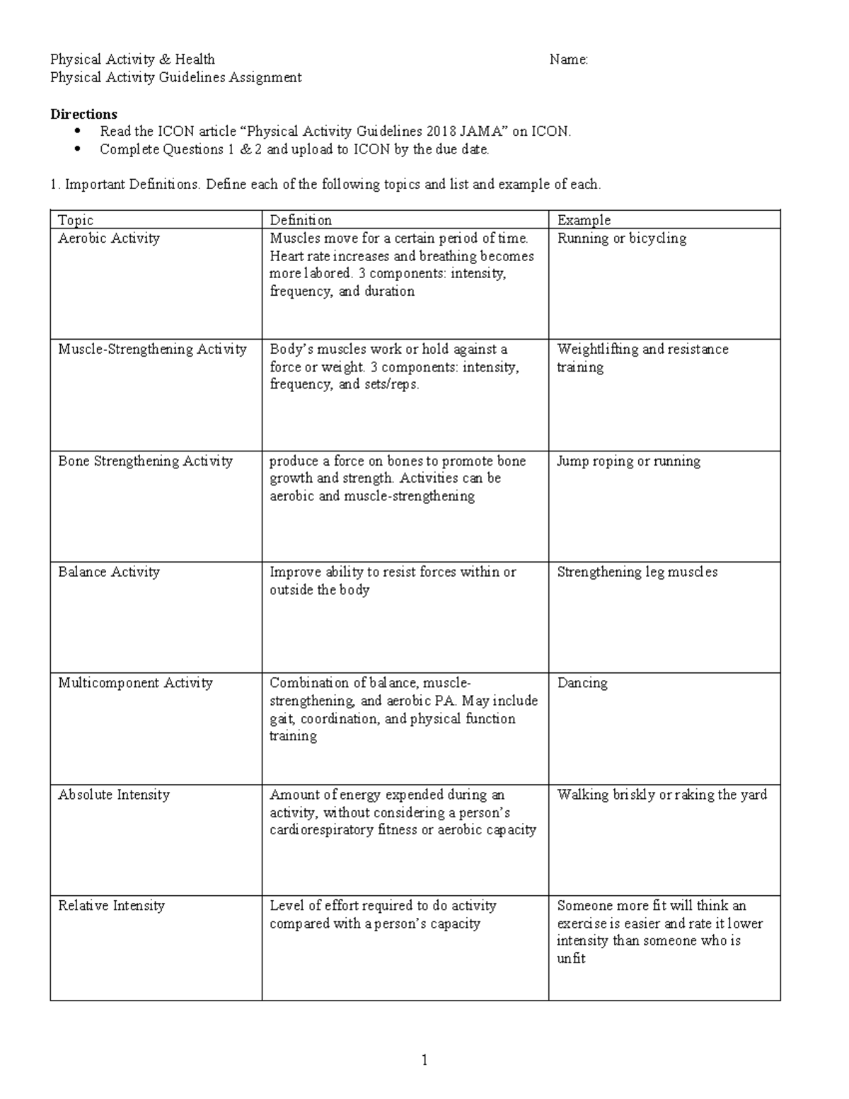 Worksheet week 4 - Physical Activity & Health Name: Physical Activity ...