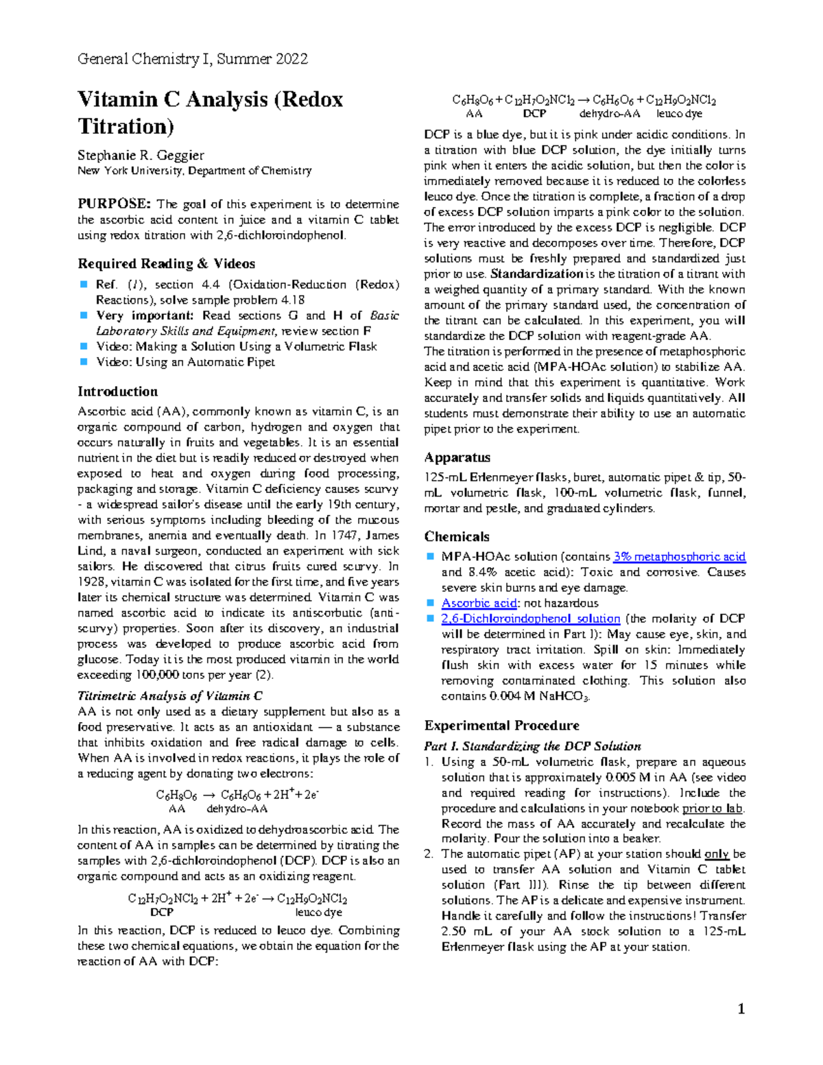 Vitamin C Analysis Su22 - Vitamin C Analysis (Redox Titration ...