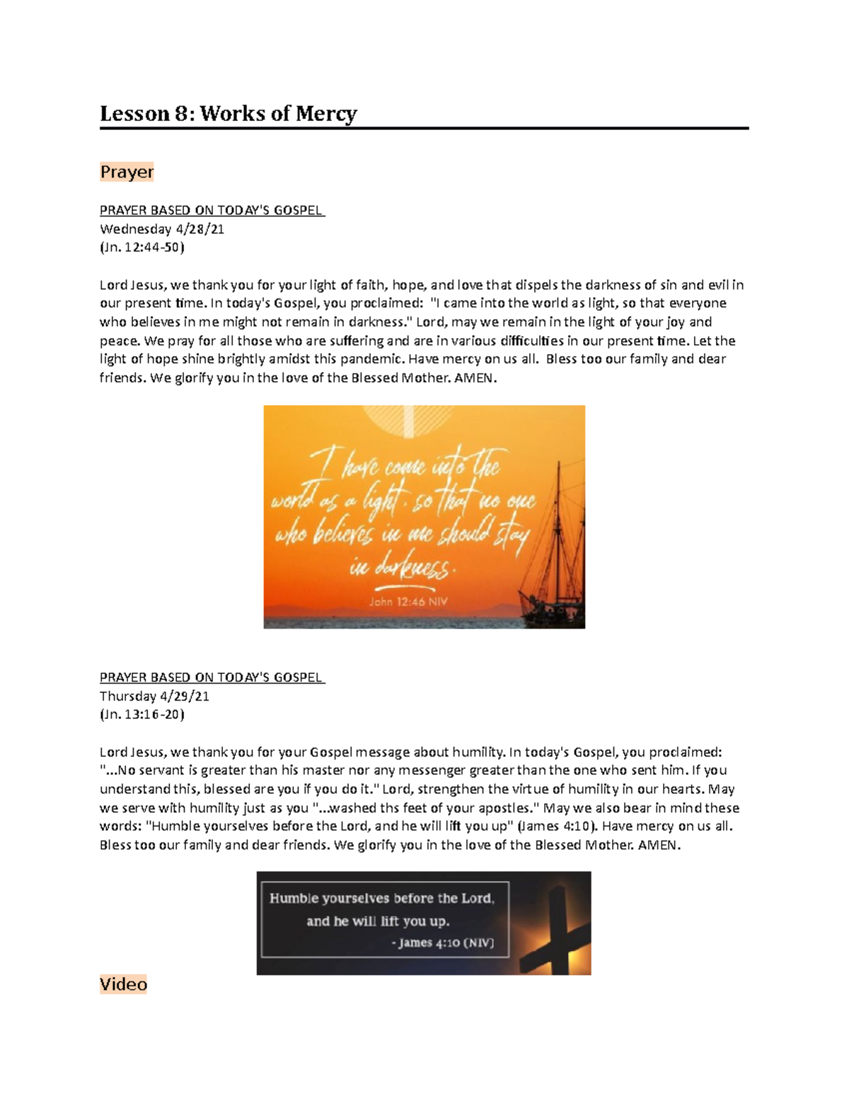 Lesson 08 Works of Mercy - Lesson 8: Works of Mercy Prayer PRAYER BASED ...