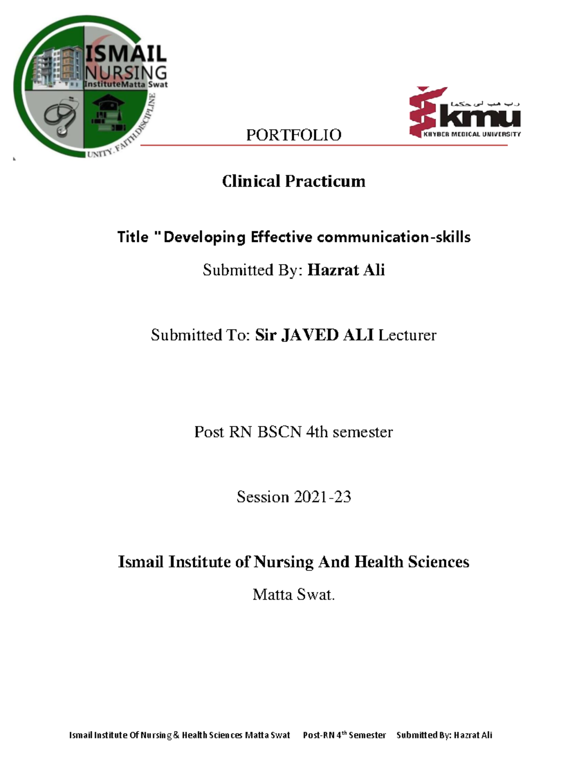 Portfolio Hazrat Ali - ZXCZX - PORTFOLIO Clinical Practicum Title ...