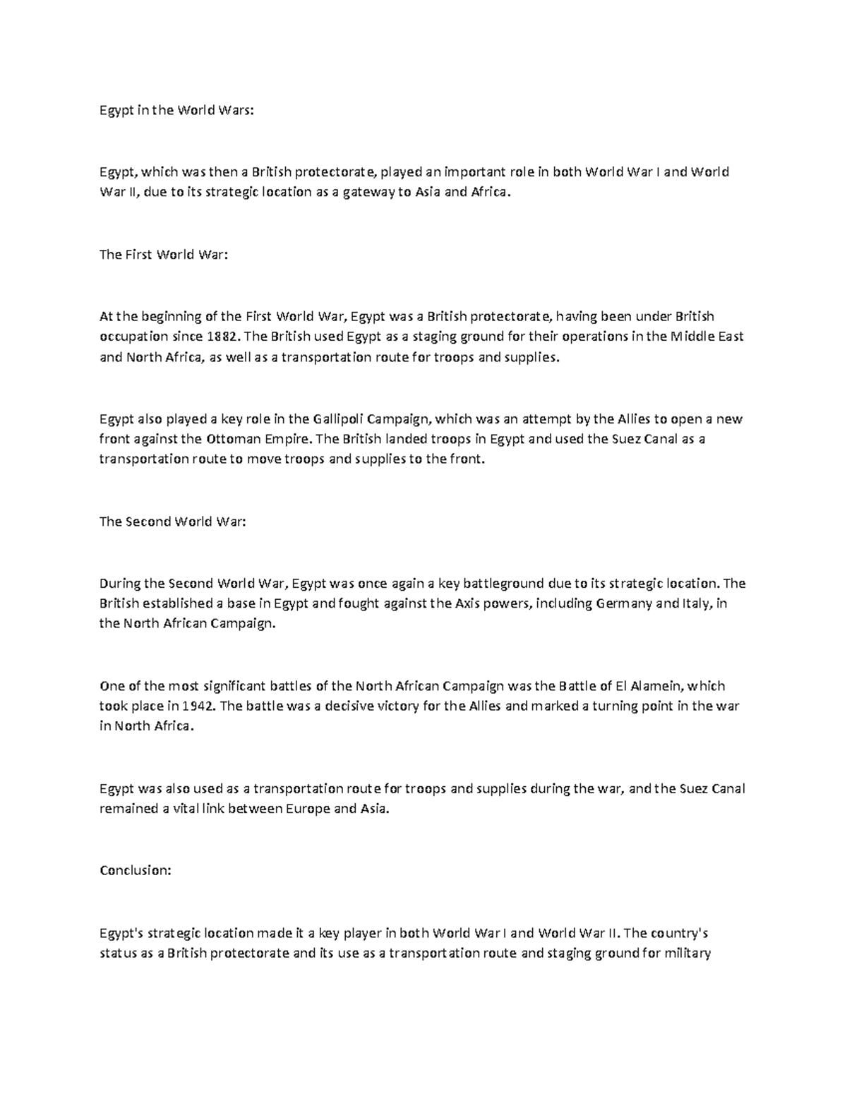 History notes - Egypt in the World Wars: Egypt, which was then a ...