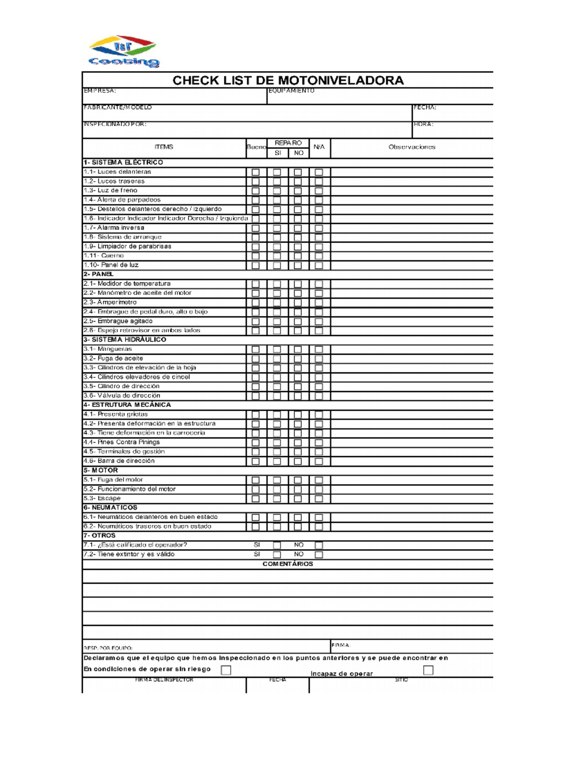 Check List Motoniveladora Pdf