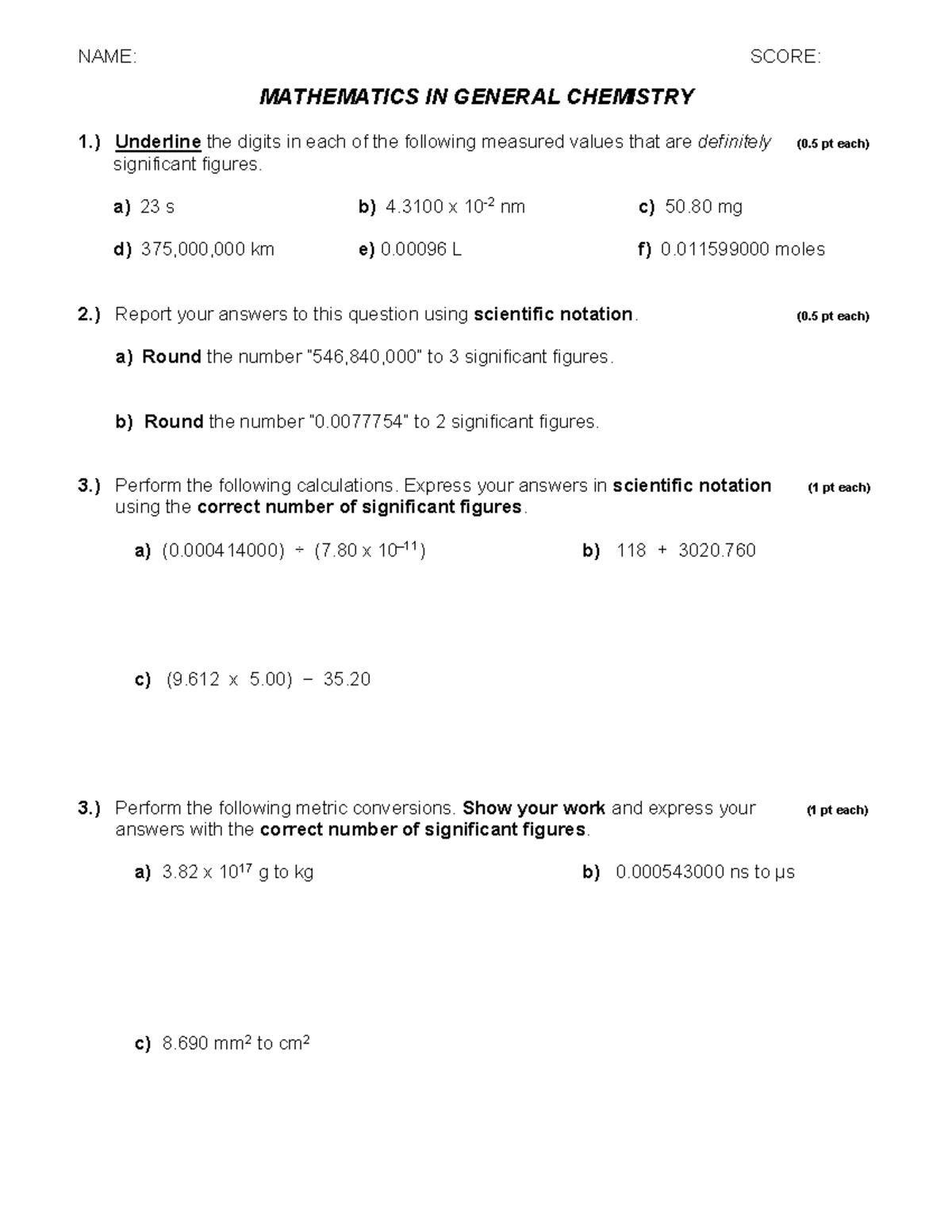 CH151-math of chem-quiz-sum20 - NAME: SCORE: MATHEMATICS IN GENERAL ...