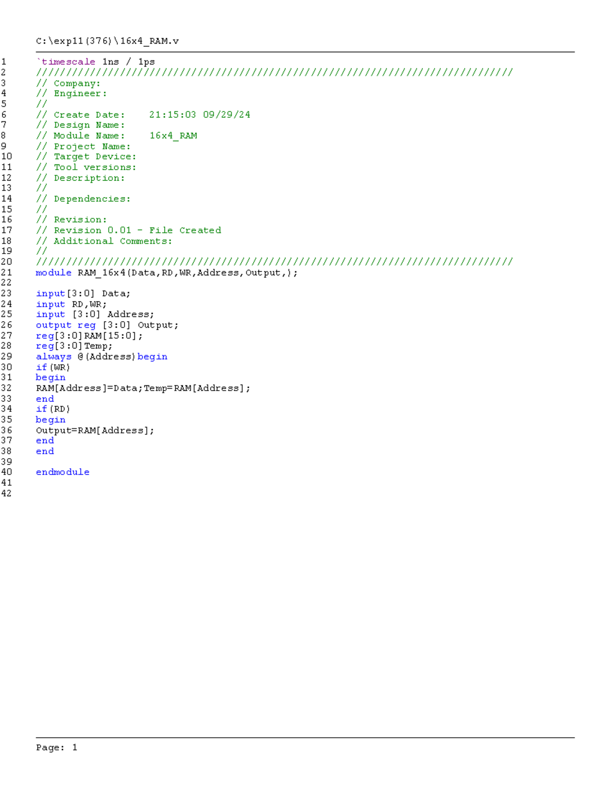 Exp 11 printouts vlsi lab - C:\exp11(376)\16x4_RAM 1 `timescale 1ns ...
