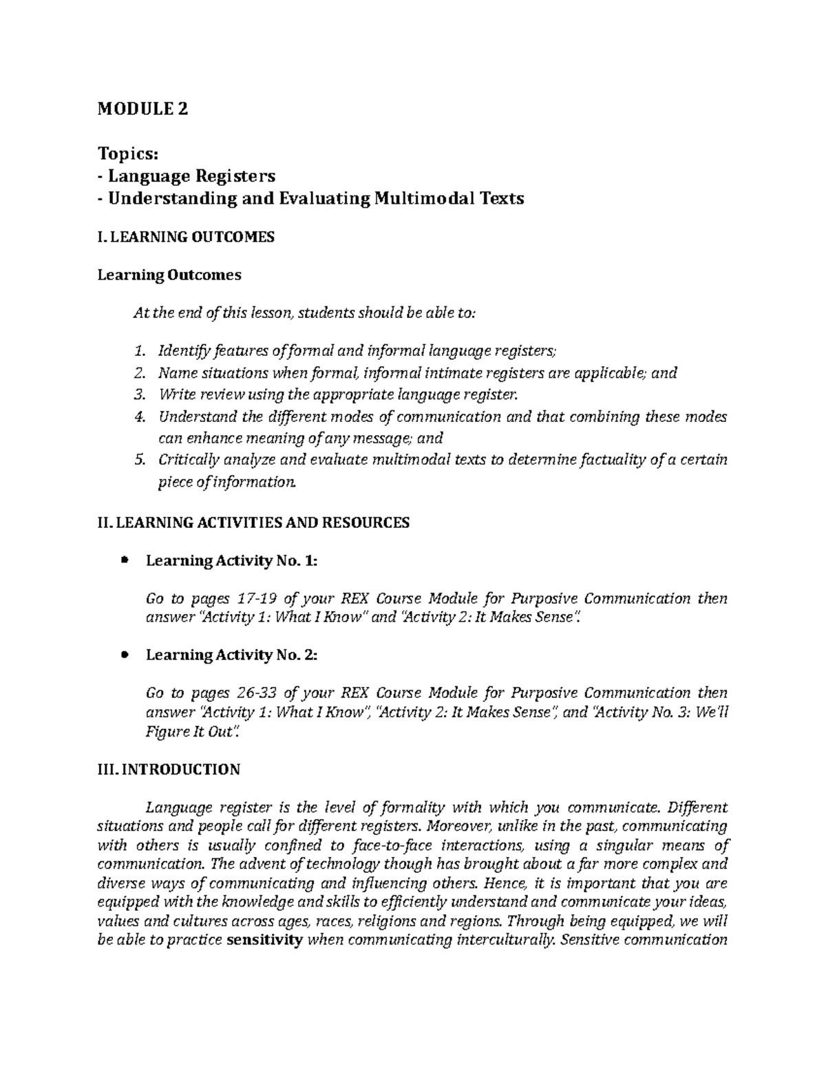 Language Registers - LEARNING OUTCOMES Learning Outcomes At the end of ...