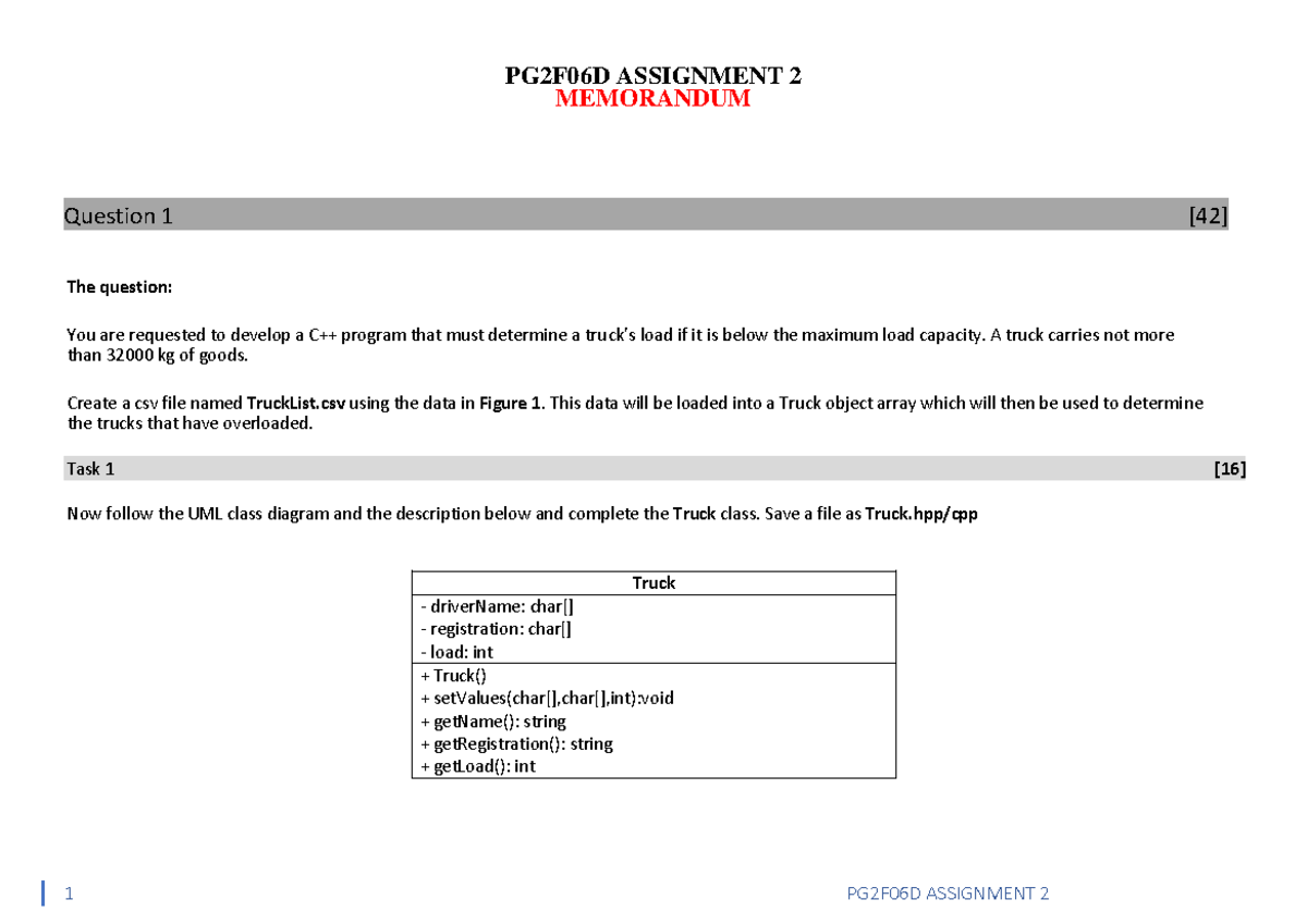PG2F06D Assignment 2 Memorandum - PG2F06D ASSIGNMENT 2 MEMORANDUM The question: You are ...