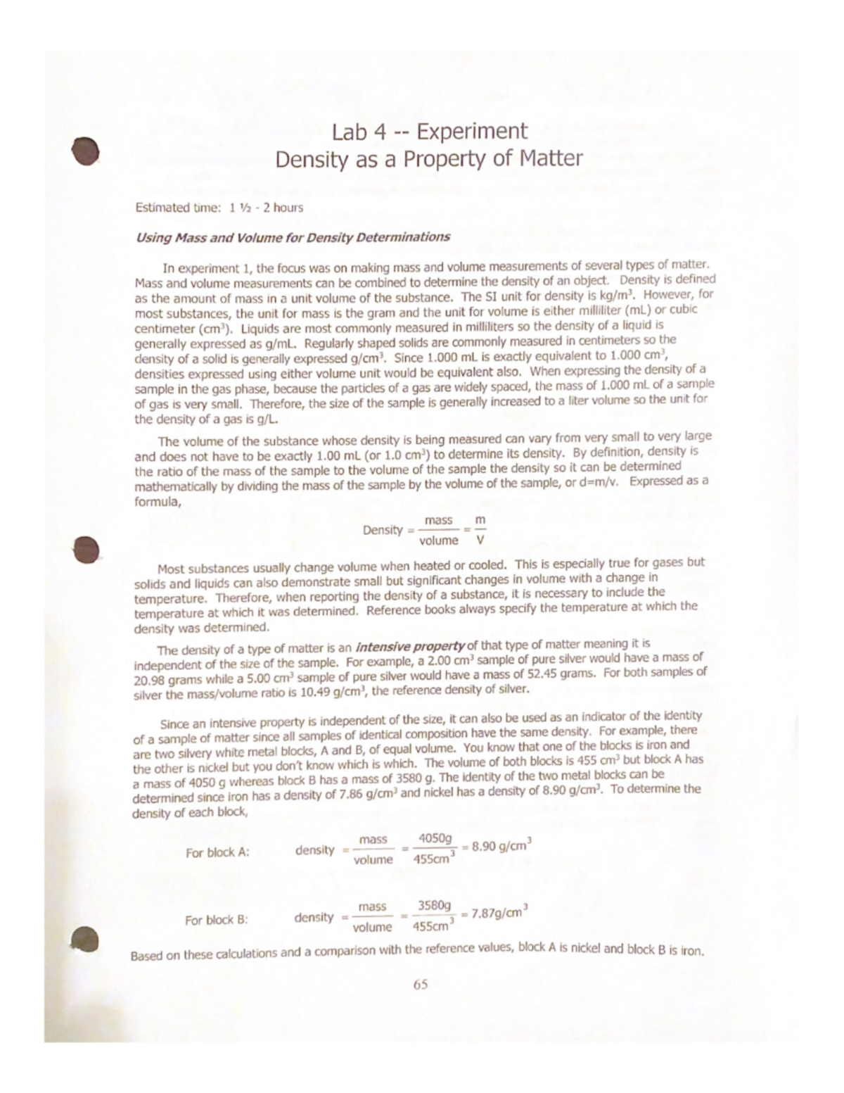 Lab Experiment. Density as a Property of Matter. Volume and Density ...
