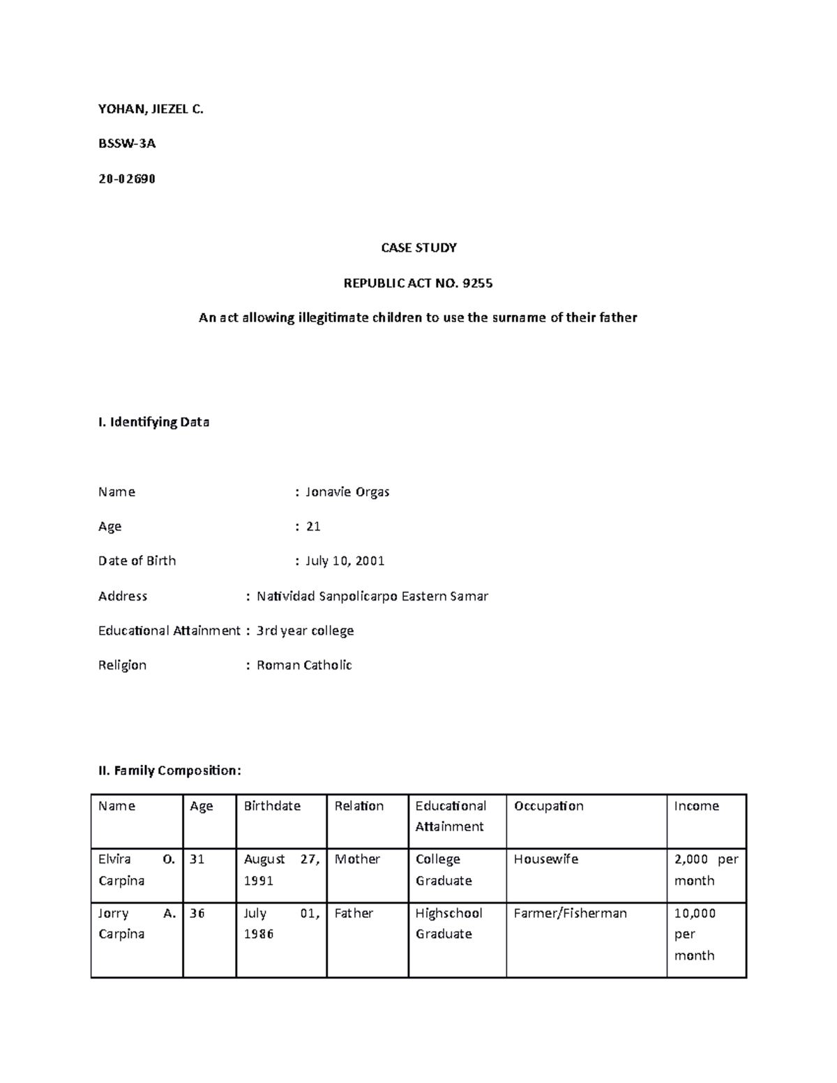 CASE Study- Illigetimate Child - YOHAN, JIEZEL C. BSSW-3A 20- CASE ...