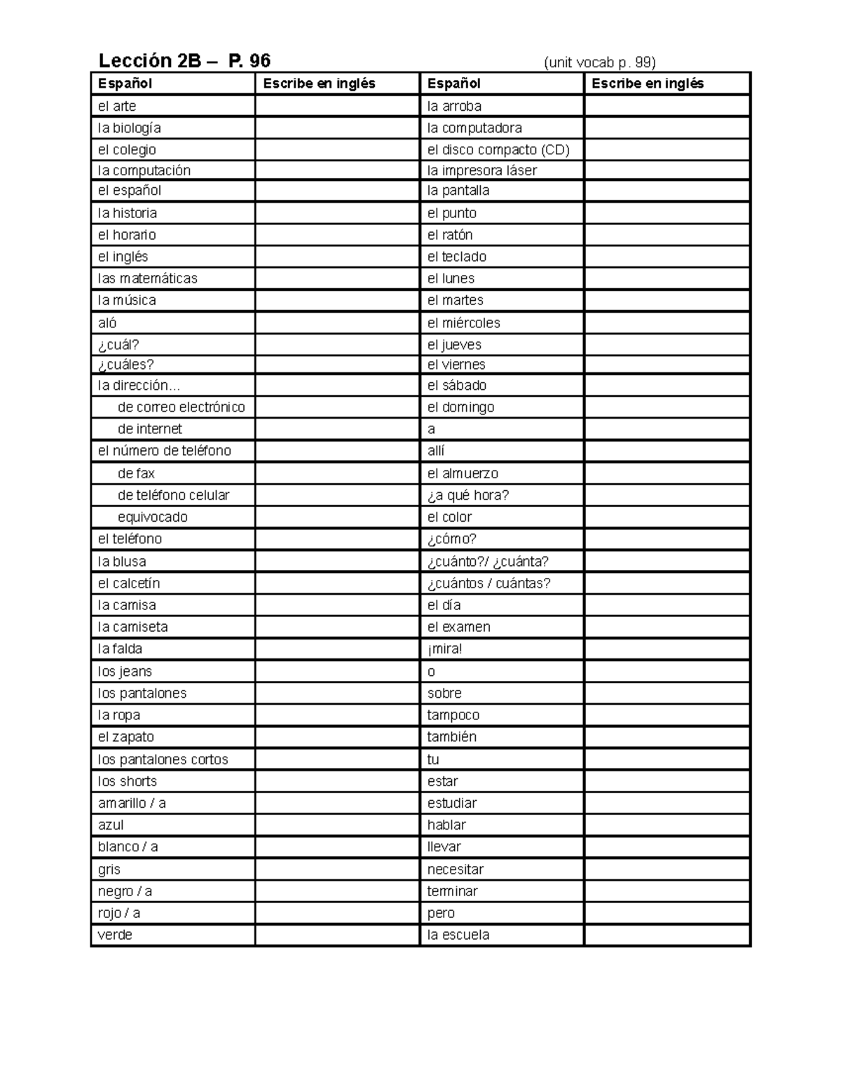 Lección 2B - notes - Lección 2B – P. 96 (unit vocab p. 99) Español ...