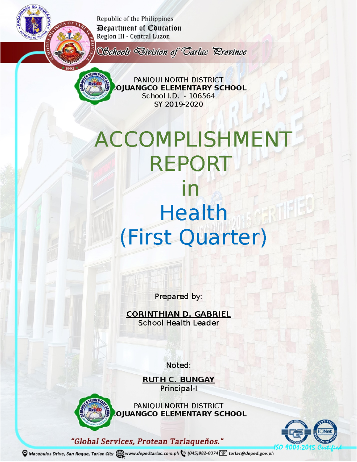 Accomplishment report 1st quarter 2019 - PANIQUI NORTH DISTRICT ...