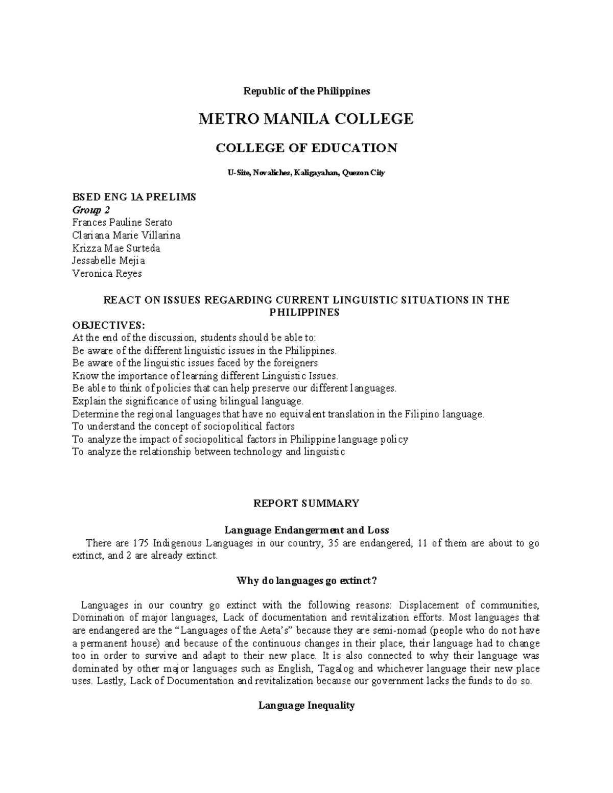 Republic of the Philippines - Republic of the Philippines METRO MANILA ...