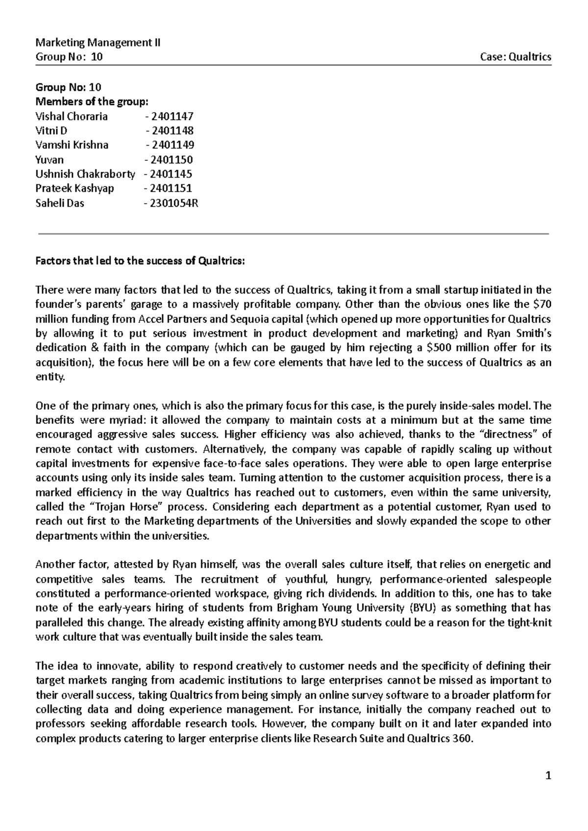 Sec B G10-Qualtrics - Its the answers to few questions of the case study - Marketing Management ...