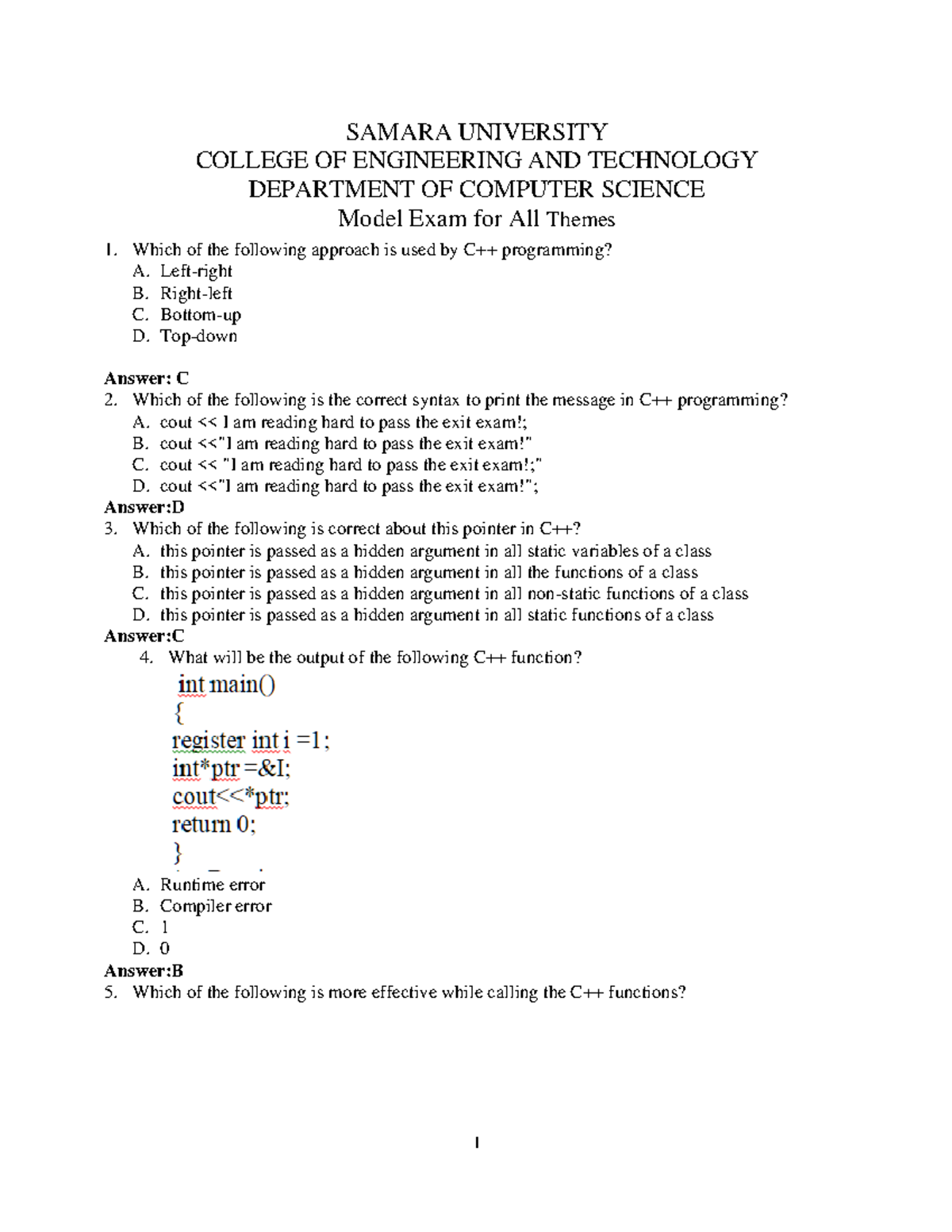 Samara U Model exam ¡ - SAMARA UNIVERSITY COLLEGE OF ENGINEERING AND TECHNOLOGY DEPARTMENT OF ...
