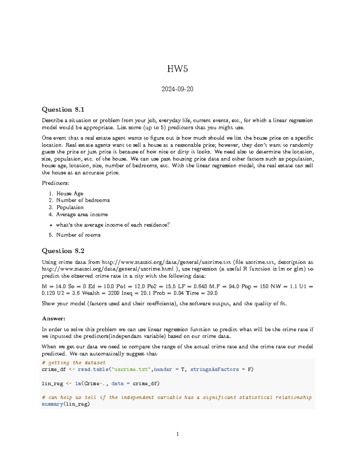 Homework 5 - Question 8.1 Describe a situation or problem from your job, everyday life, - HW ...