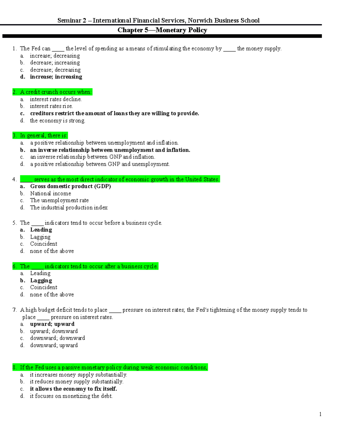 Seminar 2 IFS Notes - MCQ answers - Chapter 5—Monetary Policy The Fed ...