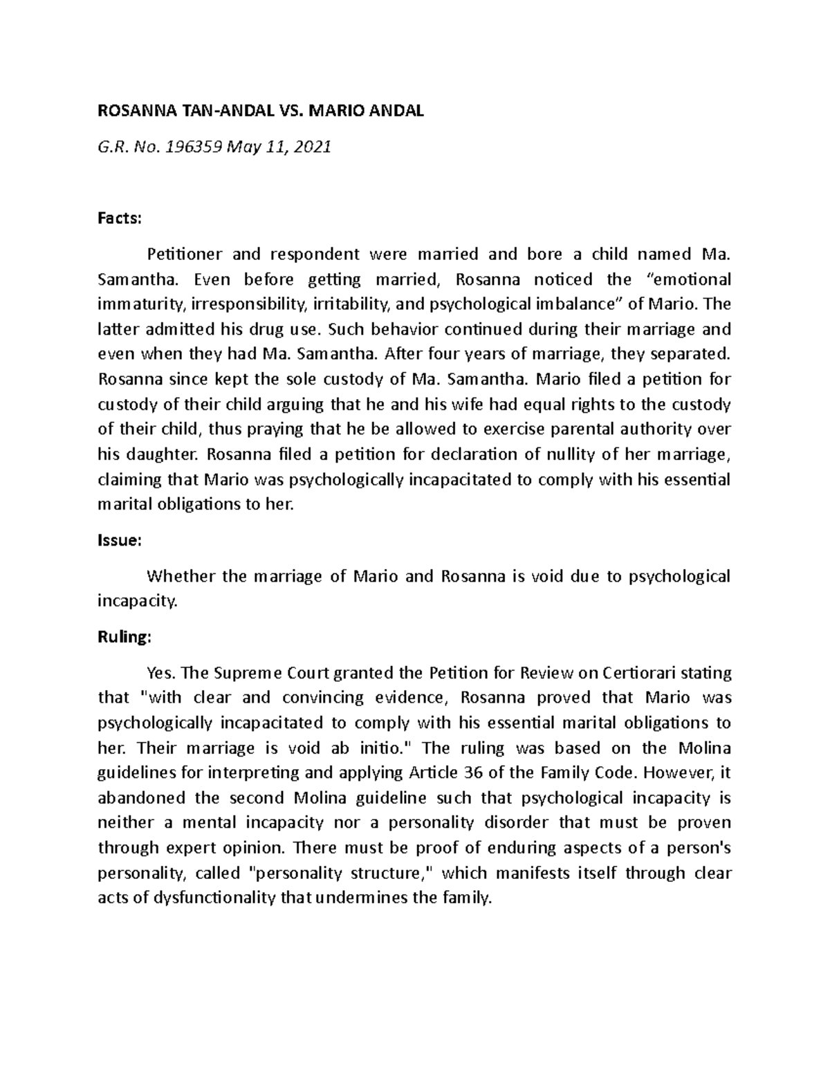 Andal versus Andal - ROSANNA TAN-ANDAL VS. MARIO ANDAL G. No. 196359 ...