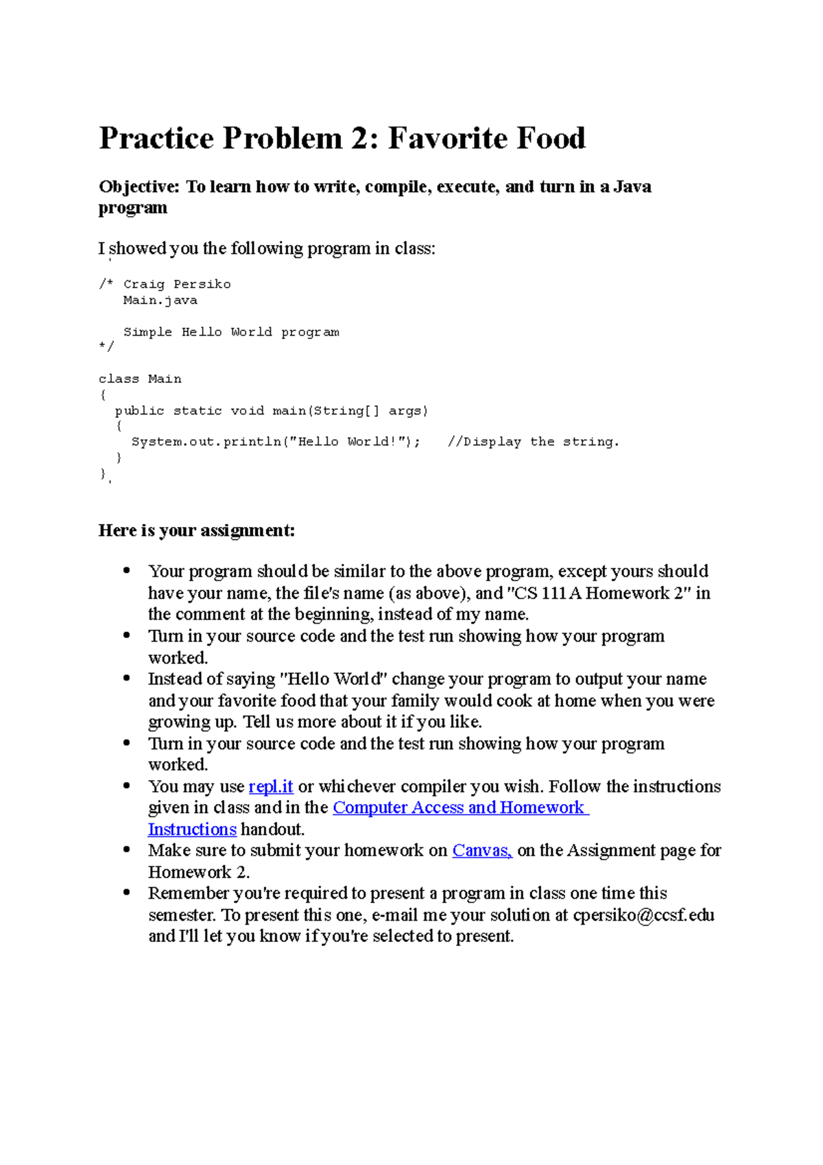 Practice Problem 2 - Craig Persiko - Practice Problem 2: Favorite Food Objective: To learn how ...