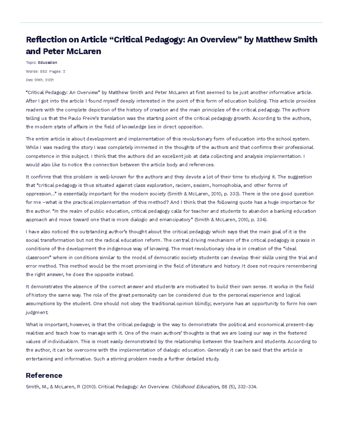 Reflection on Article "Critical Pedagogy- An Overview" by Matthew Smith ...