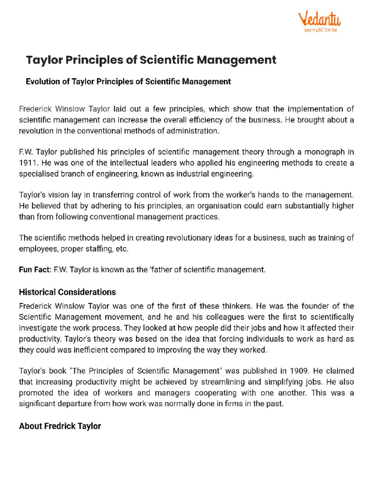 Taylor Principles of Scientific Management - He brought about a ...
