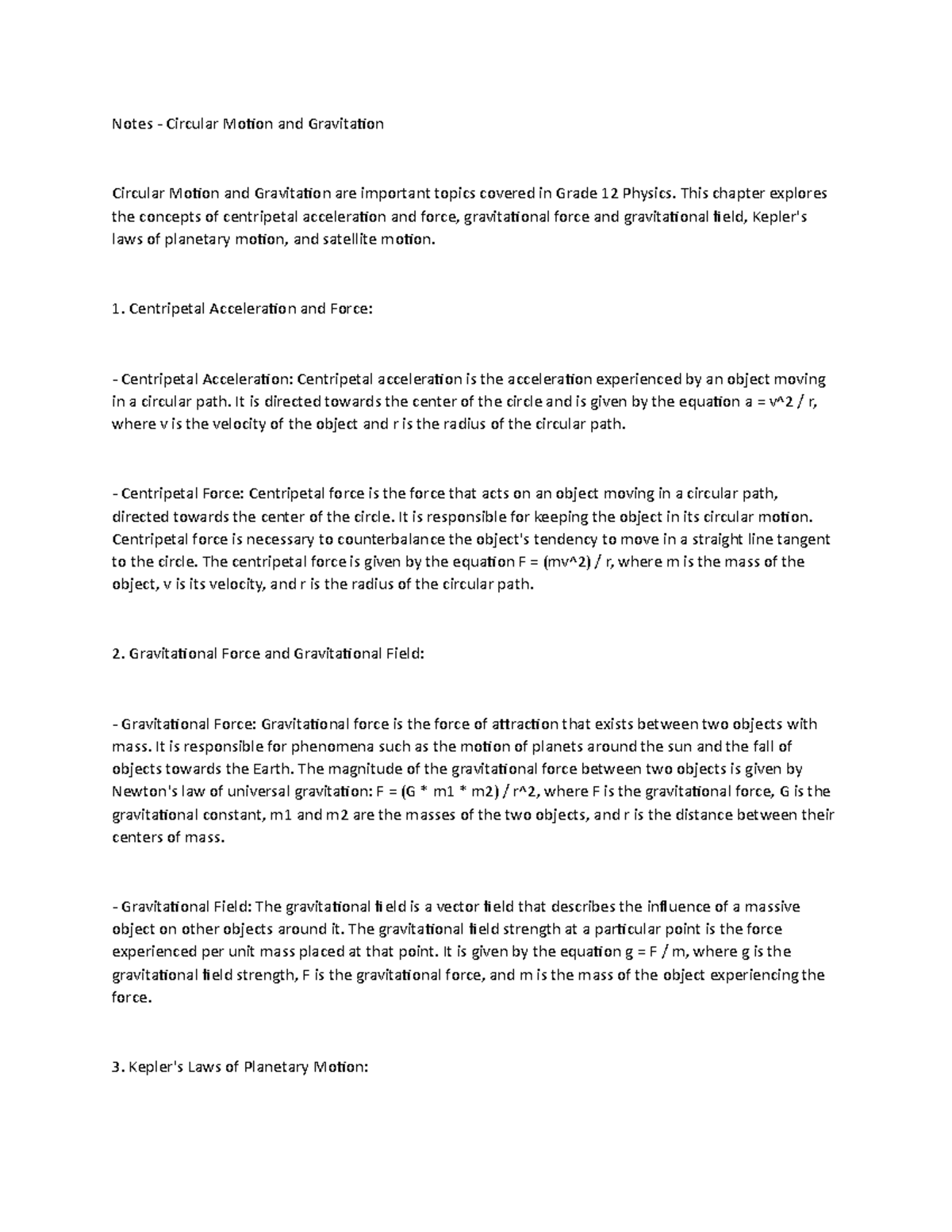 Circular motion and gravitation - Notes - Circular Motion and ...