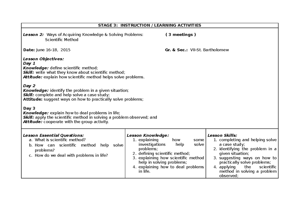 Sci. method - lesson plan - STAGE 3: INSTRUCTION / LEARNING ACTIVITIES ...