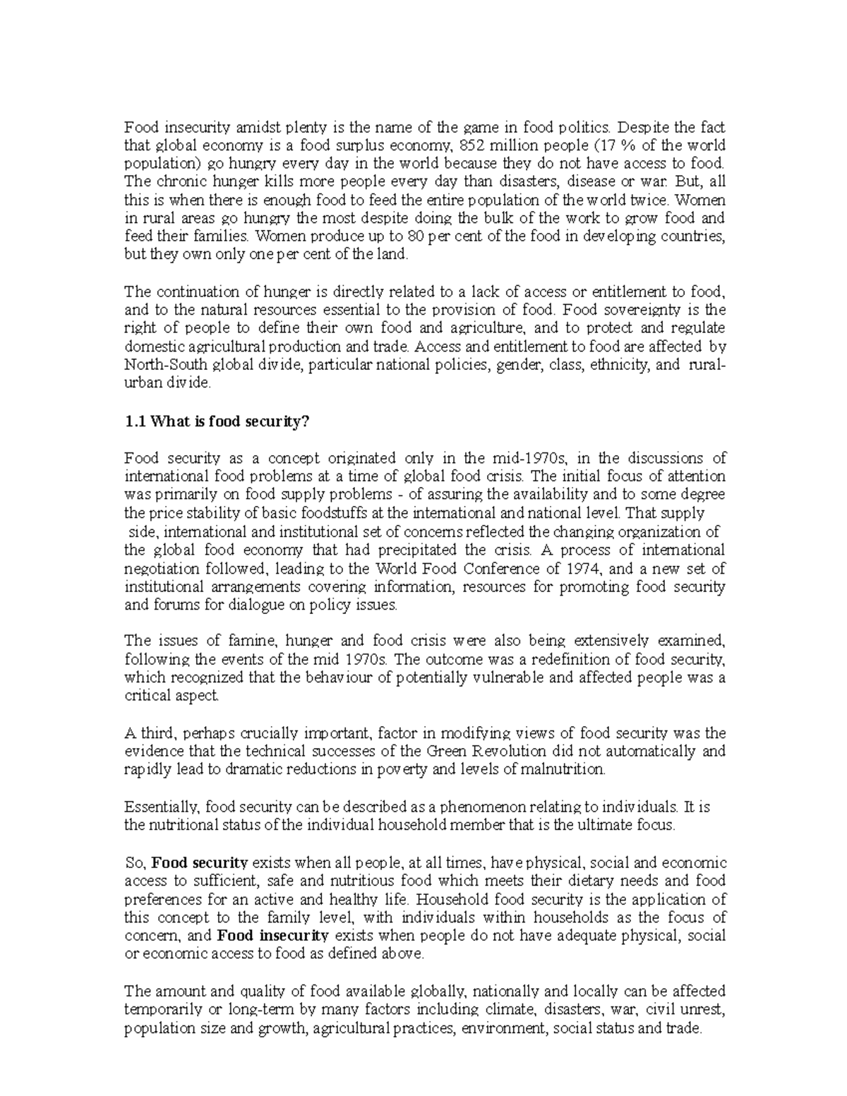 Food Security - English Notes - Food insecurity amidst plenty is the ...