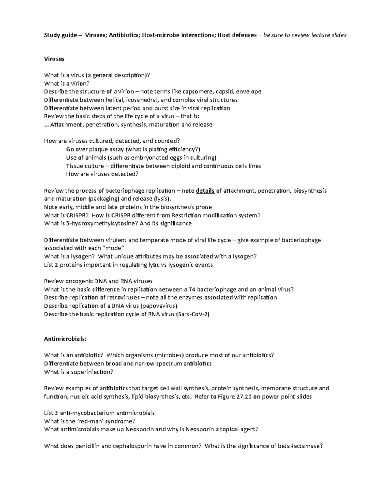 Study guide on Viruses, Anttibiotics, Host-Microbes Interactions and ...