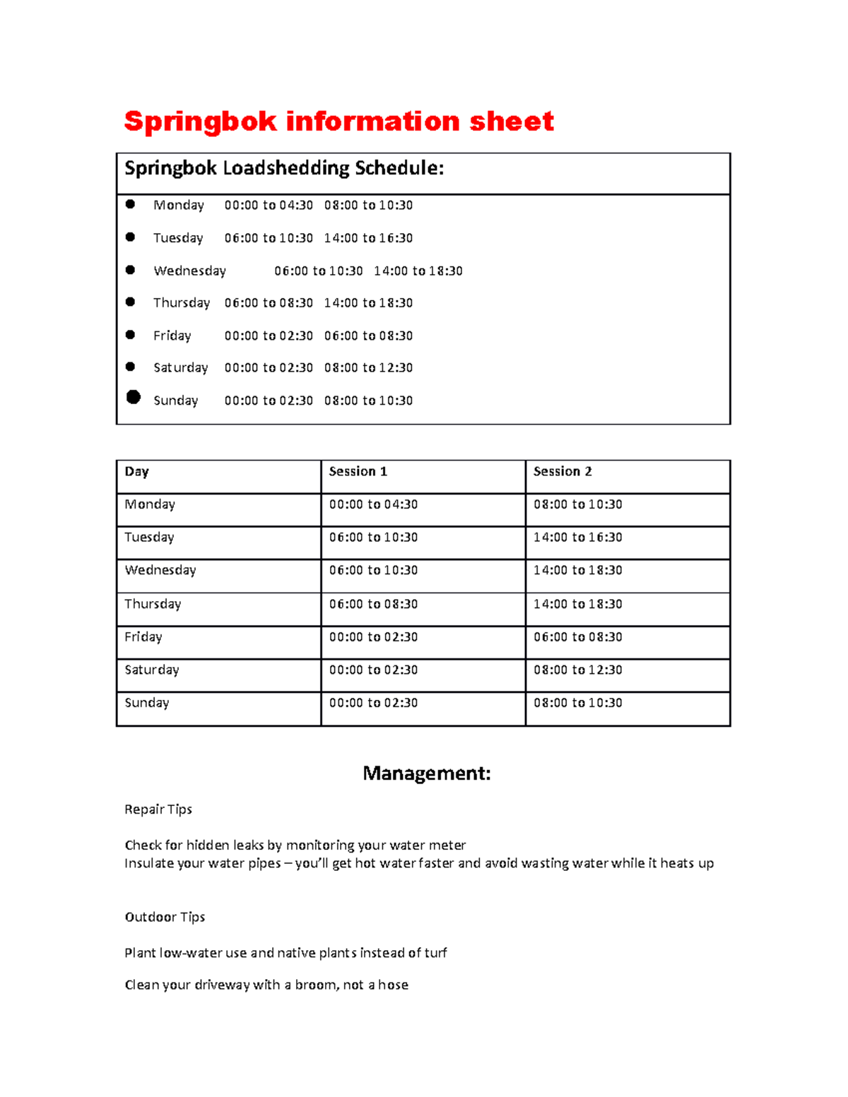 Springbok Info - csil - Springbok information sheet Springbok Loadshedding Schedule: Monday 00: ...