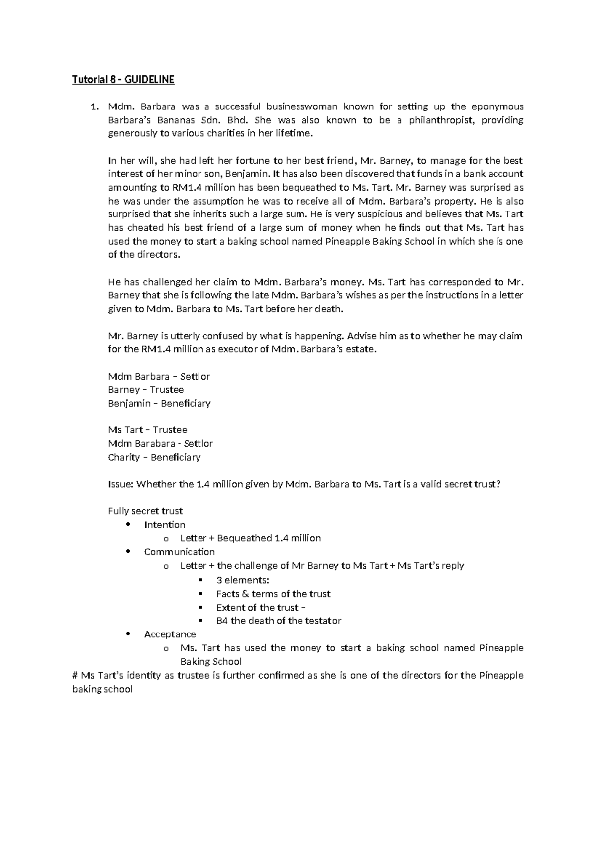 EQT - Tutorial 8 - Tutorial 8 - GUIDELINE 1. Mdm. Barbara was a ...