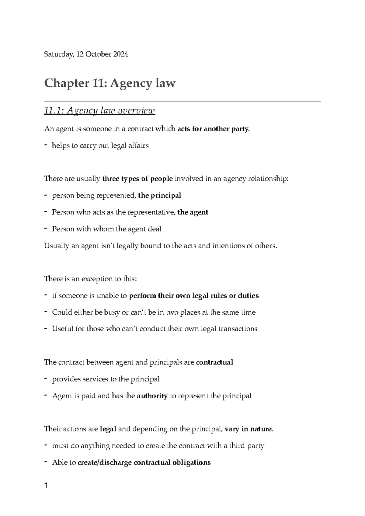 Chapter 11 - Agency law - Saturday, 12 October 2024 Chapter 11: Agency ...
