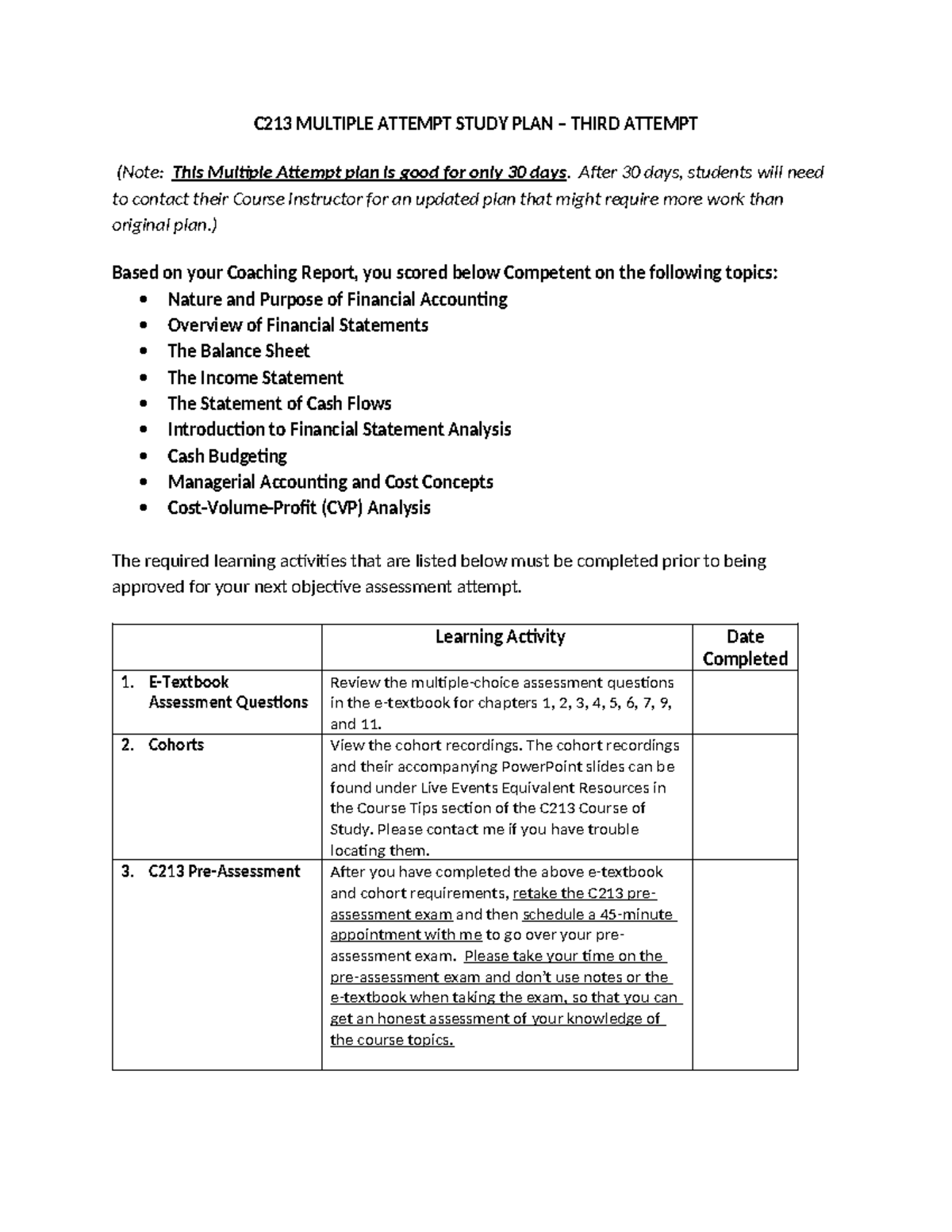 study plan review - C213 MULTIPLE ATTEMPT STUDY PLAN – THIRD ATTEMPT ...