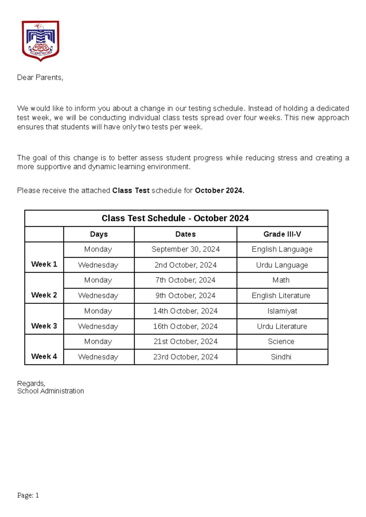 Class Test Timetable for Grades III-V - Dear Parents, We would like to ...