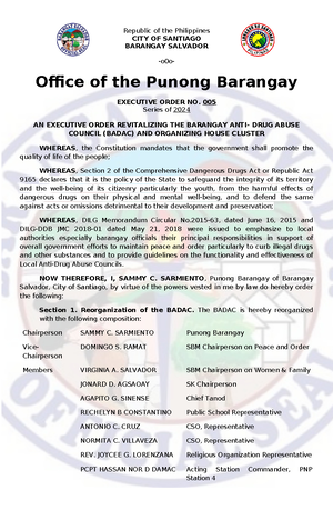 Executive Order No. 001 s. 2024 Organizing THE BPAT - Republic of the ...