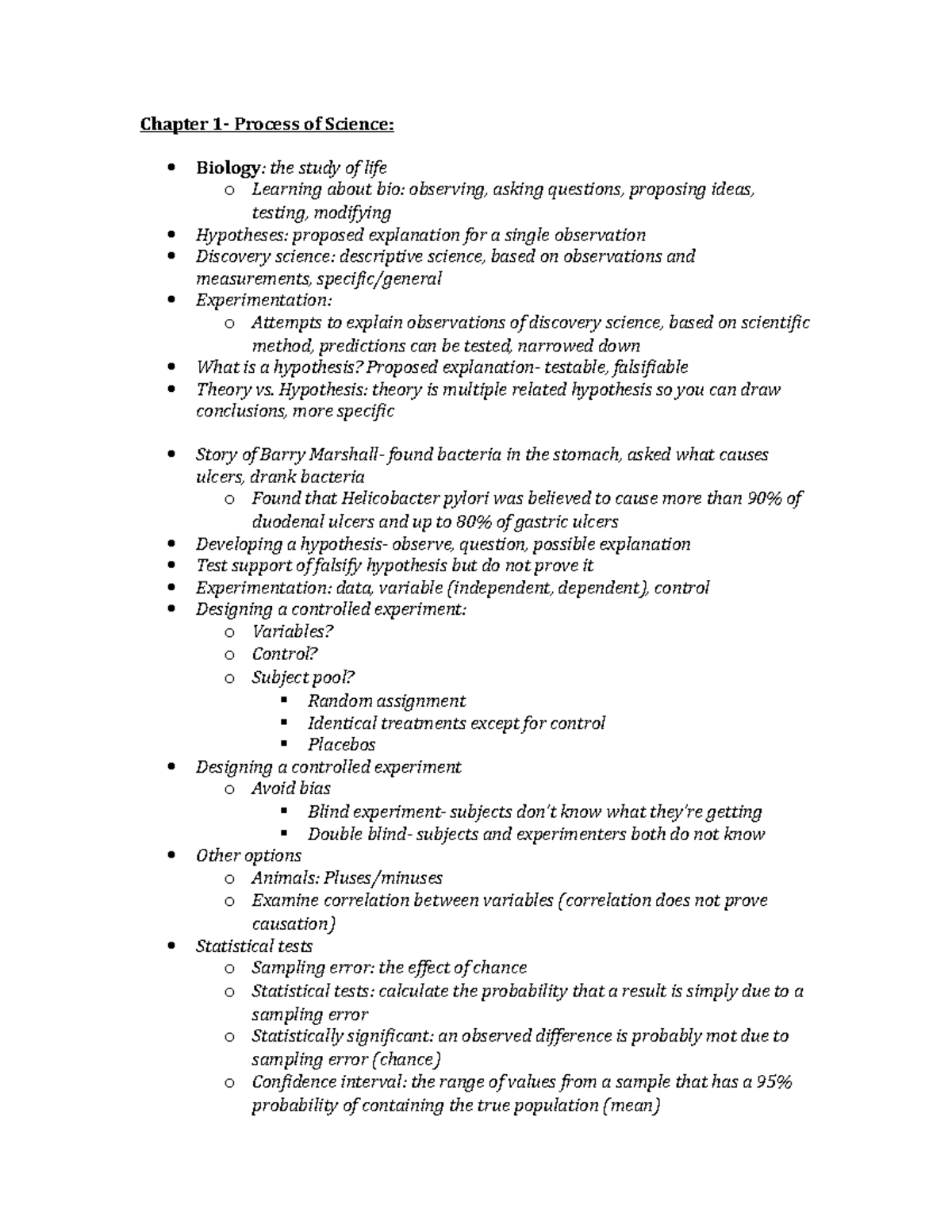 Bioexam 1notes - Exam 1 study guide - Chapter 1- Process of Science ...