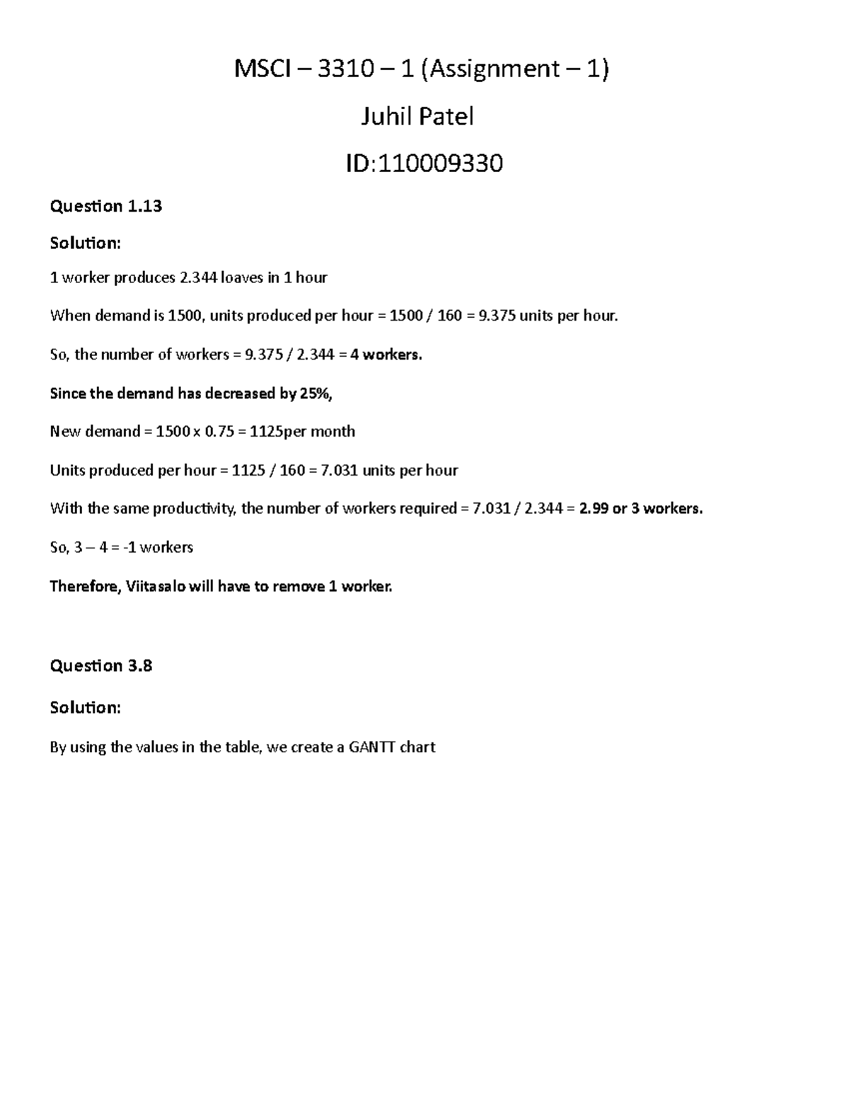 Operations Management Assignment 1 solution - MSCI 3410 - U of W - Studocu