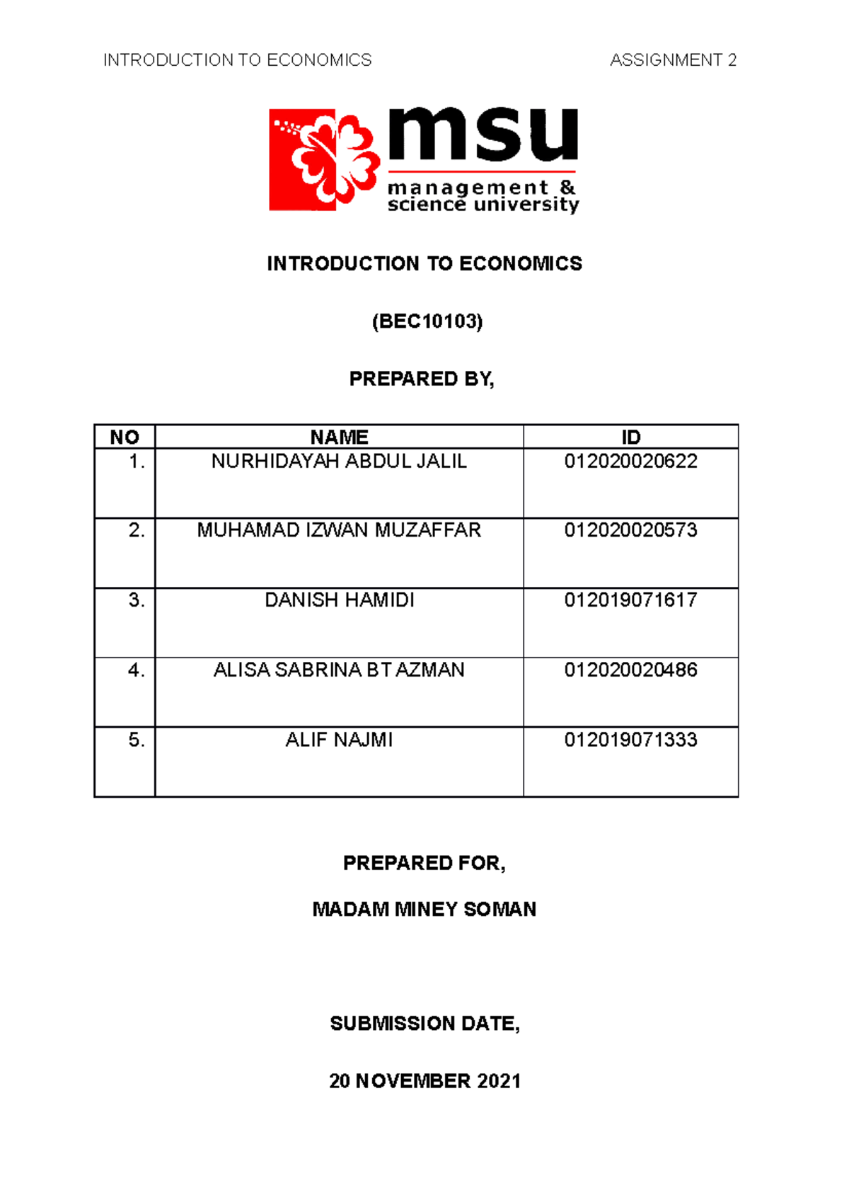 Economics file - Economy assignment - INTRODUCTION TO ECONOMICS ...