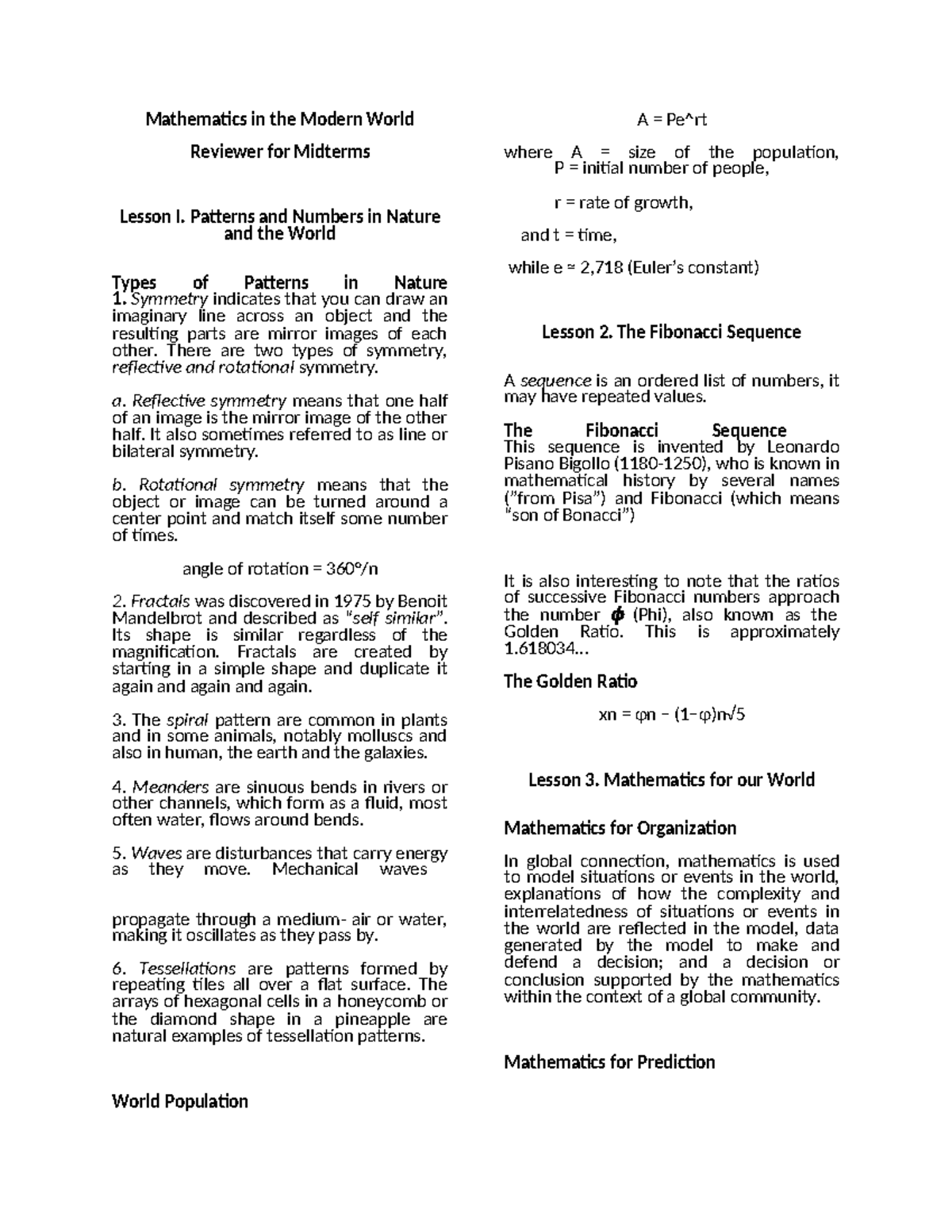 MMW-Reviewer - mmw - Mathematics in the Modern World Reviewer for Midterms Lesson I. Patterns ...